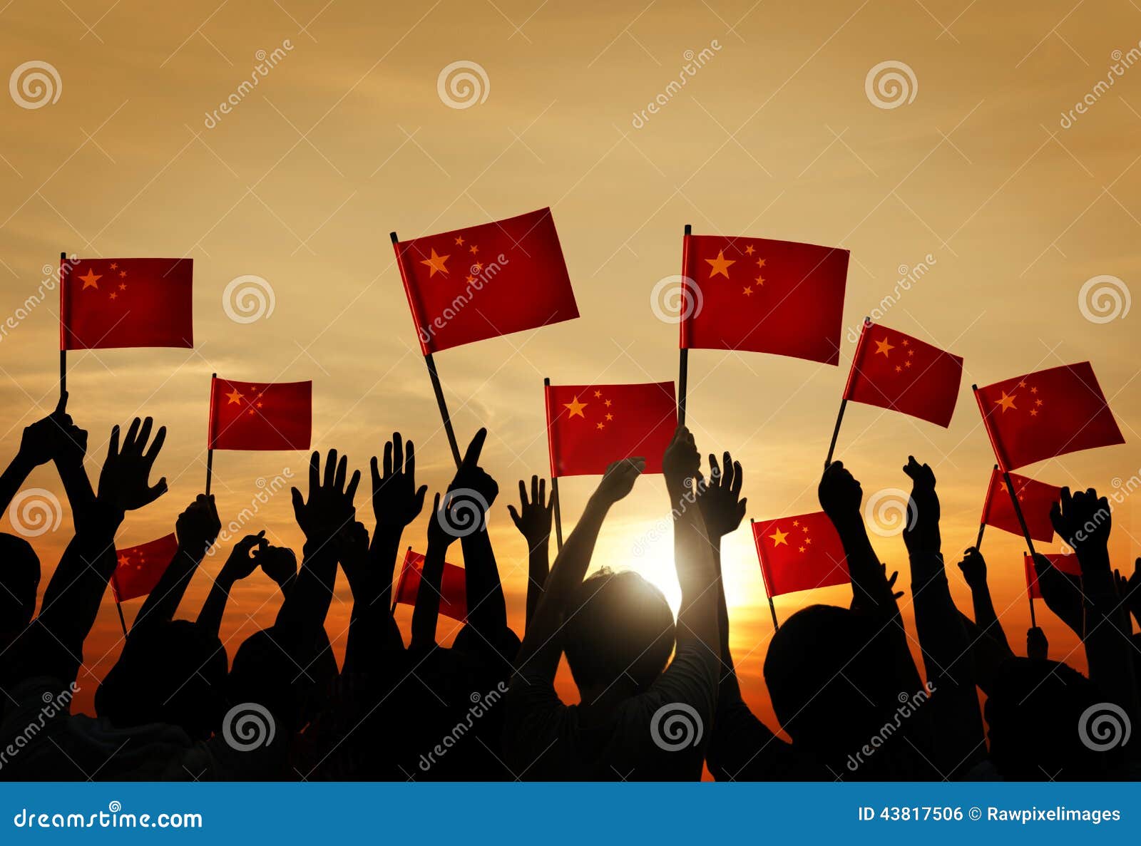 Group of People Waving Chinese Flags in Back Lit Stock Photo - Image of ...