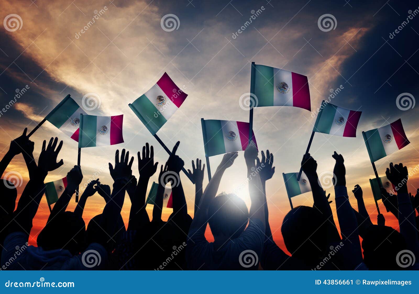 Group of People Waving Mexican Flags in Back Lit Stock Image - Image of ...