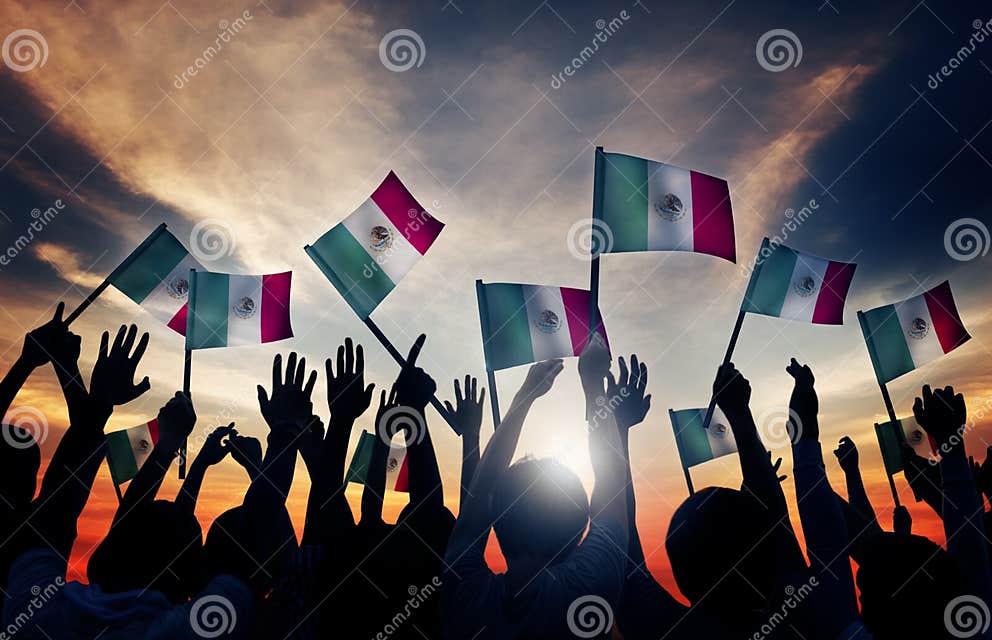 Group of People Waving Mexican Flags in Back Lit Stock Image - Image of ...