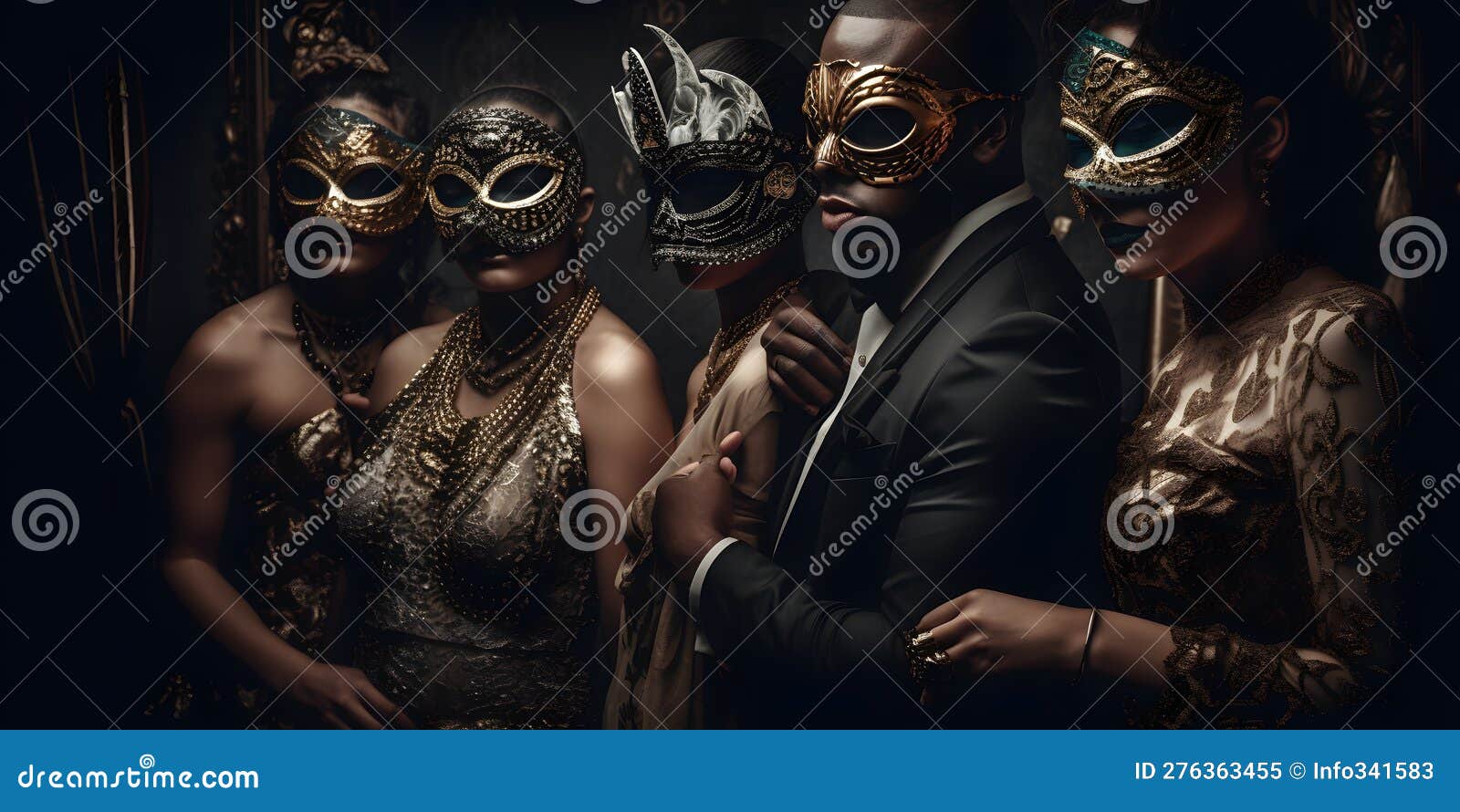 A Group of People Wearing Masks and Beads at a Masquerade One Created ...