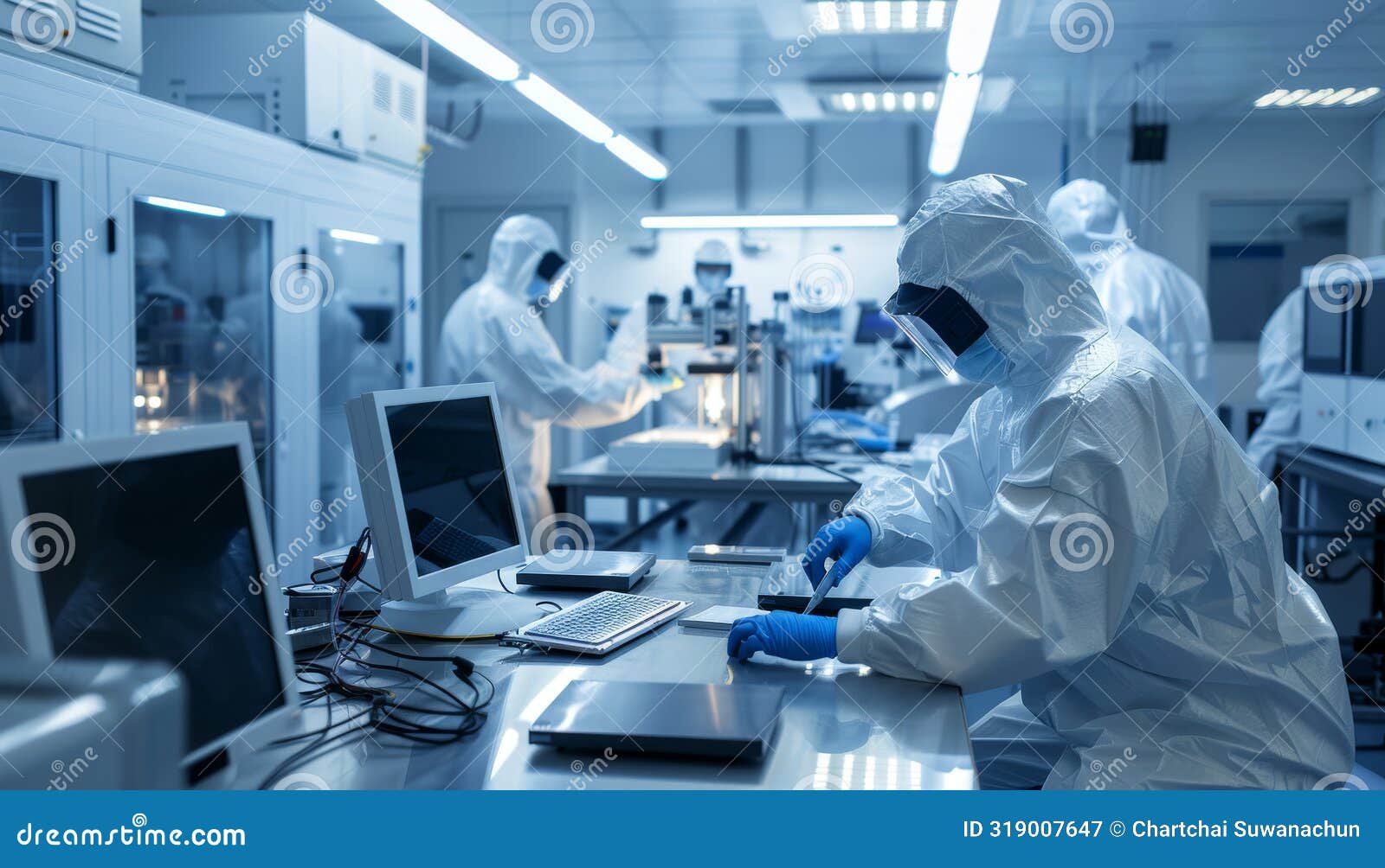 A Group of People in White Lab Coats are Working in a Sterile ...