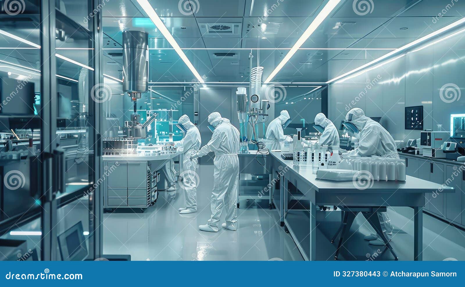 A Group of People in White Lab Coats are Working in a Sterile ...