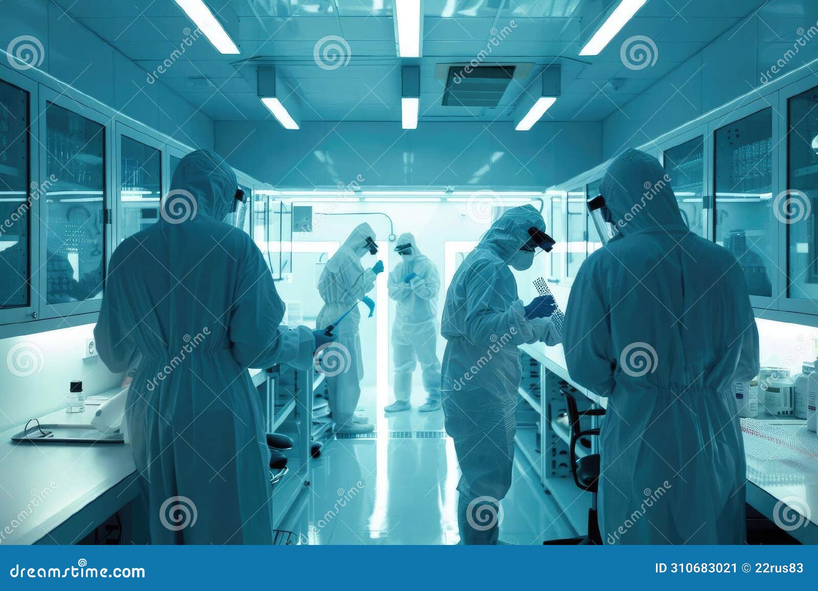 A Group of People in White Lab Coats are Working in a Sterile ...