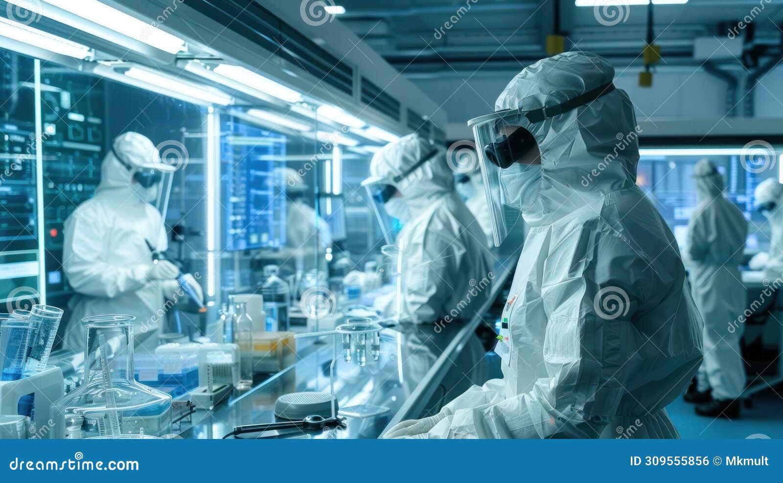 Group of People in White Suits Conducting Experiments in Lab Stock ...