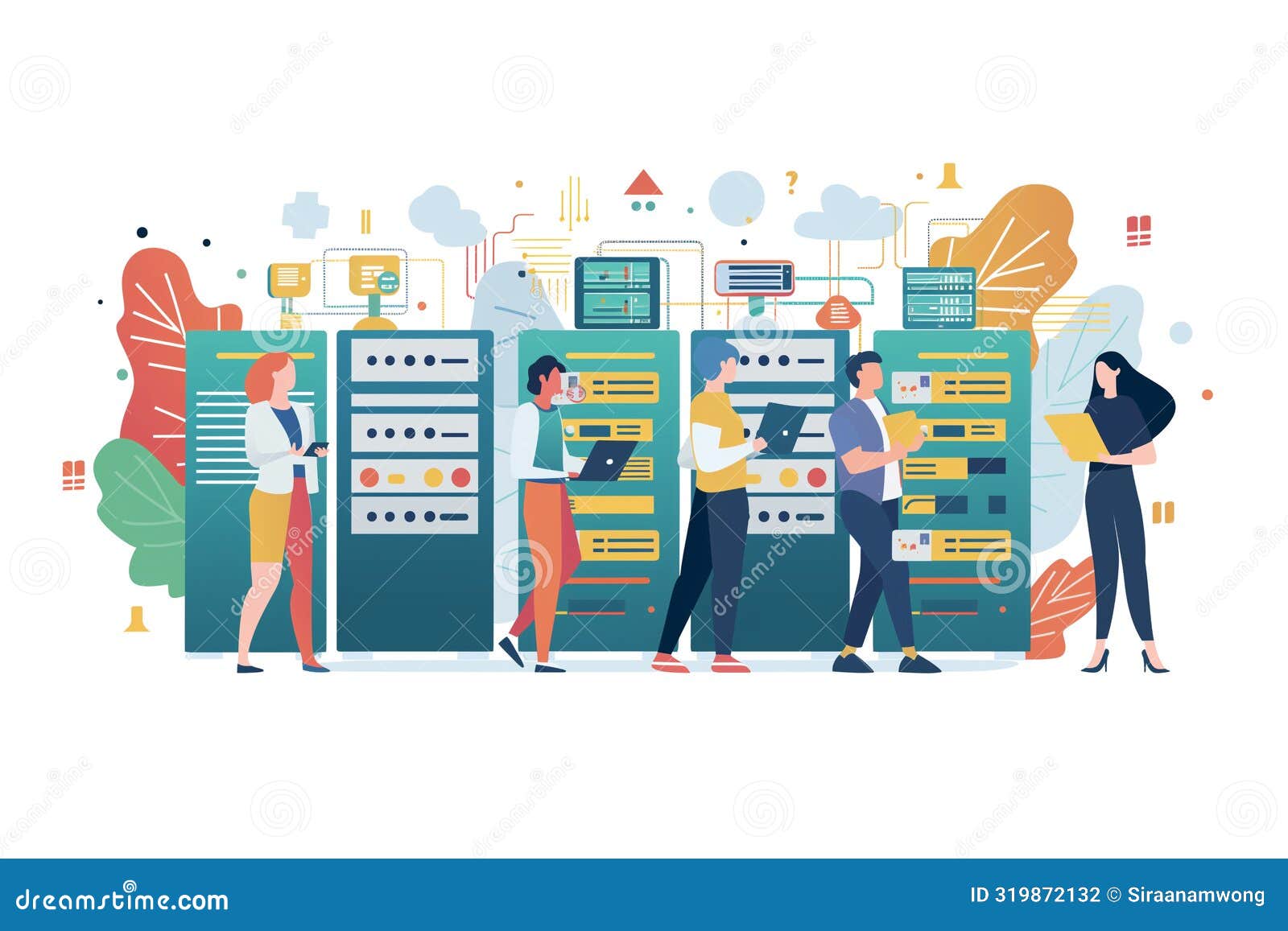 Group of People Work in Server Room Racks. Cloud System Concept ...