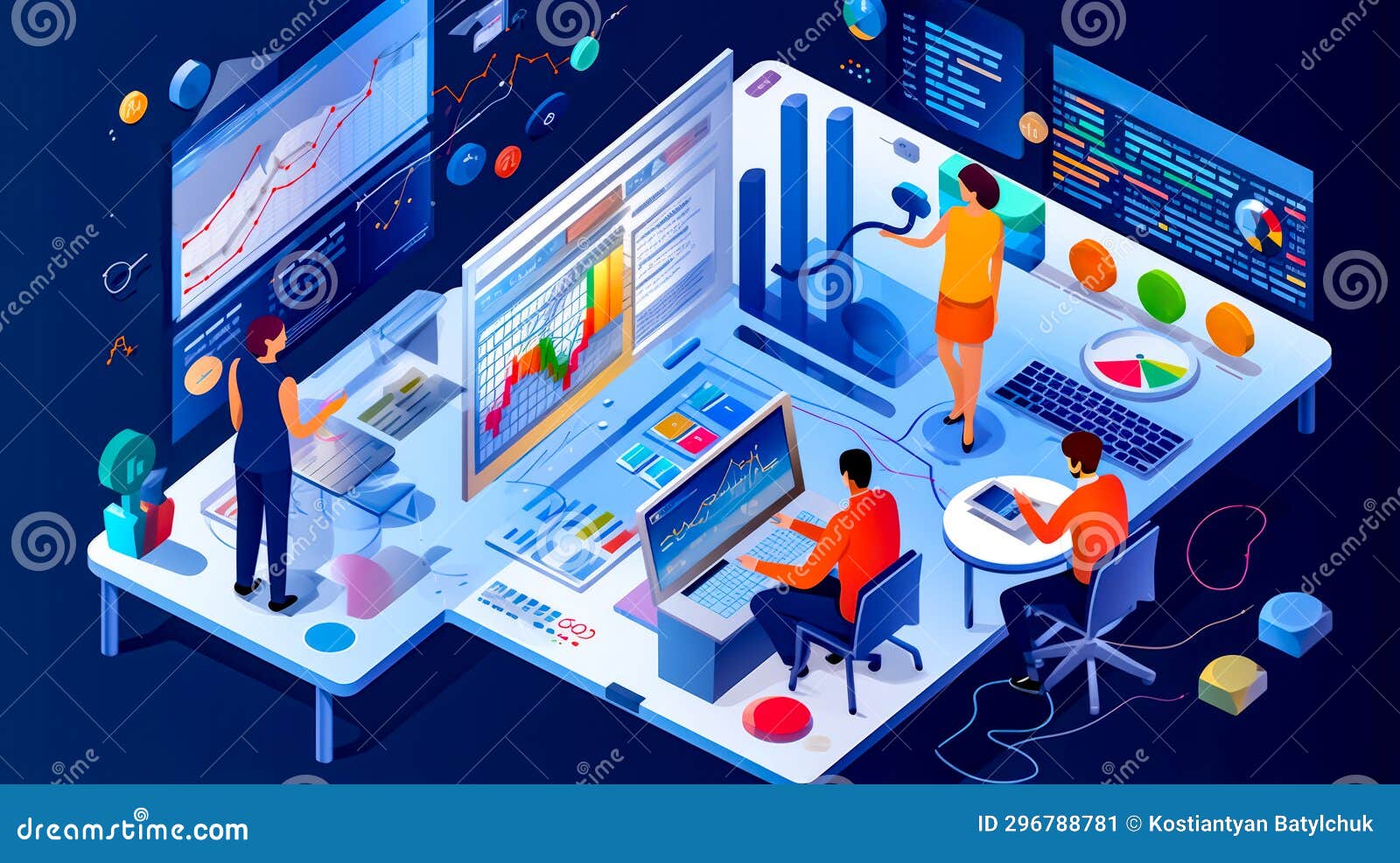 Group of People Working on Computer in Front of Monitor with Graphs on ...