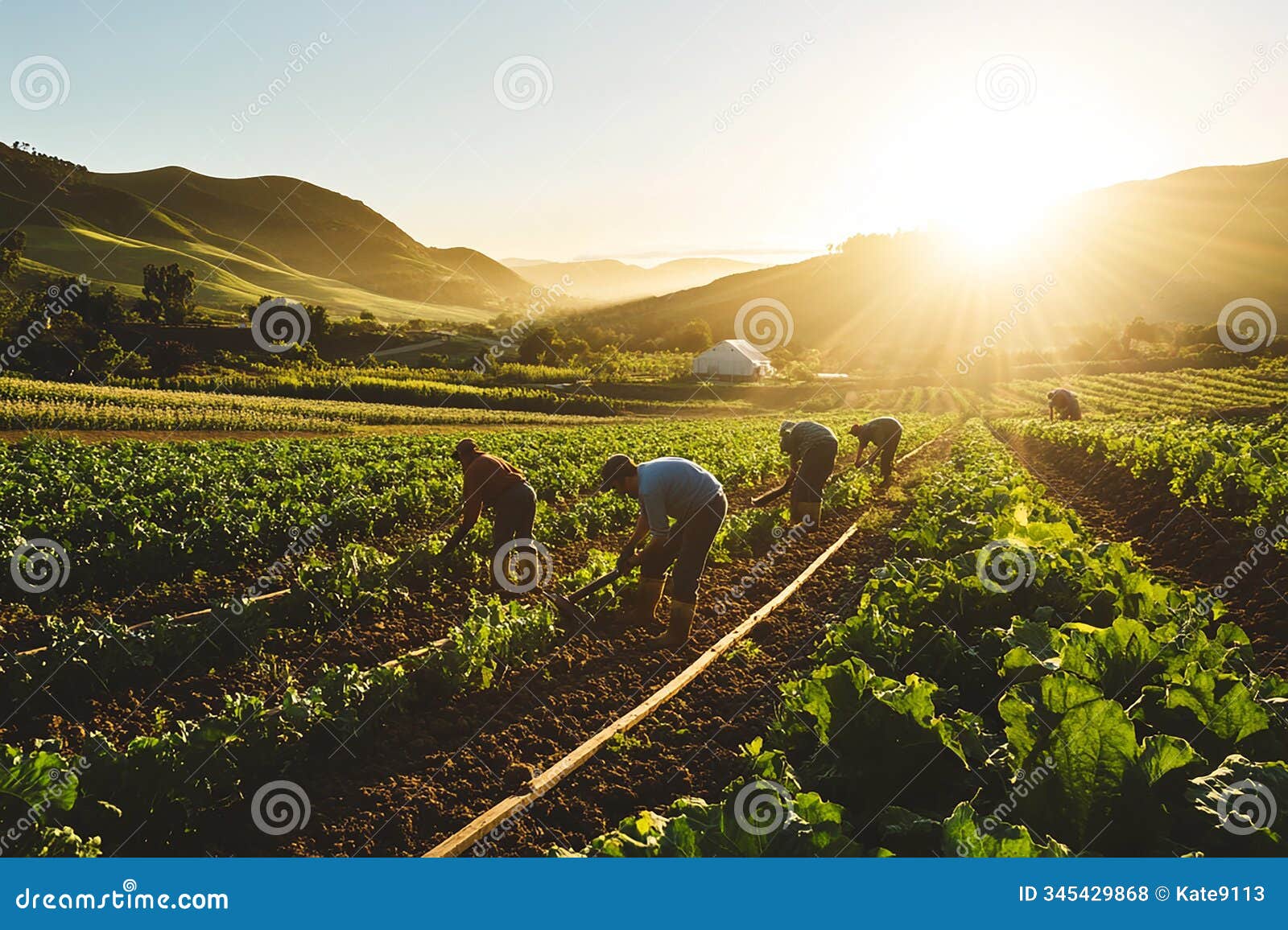A Group of People are Working in a Field of Vegetables. the Sun is ...