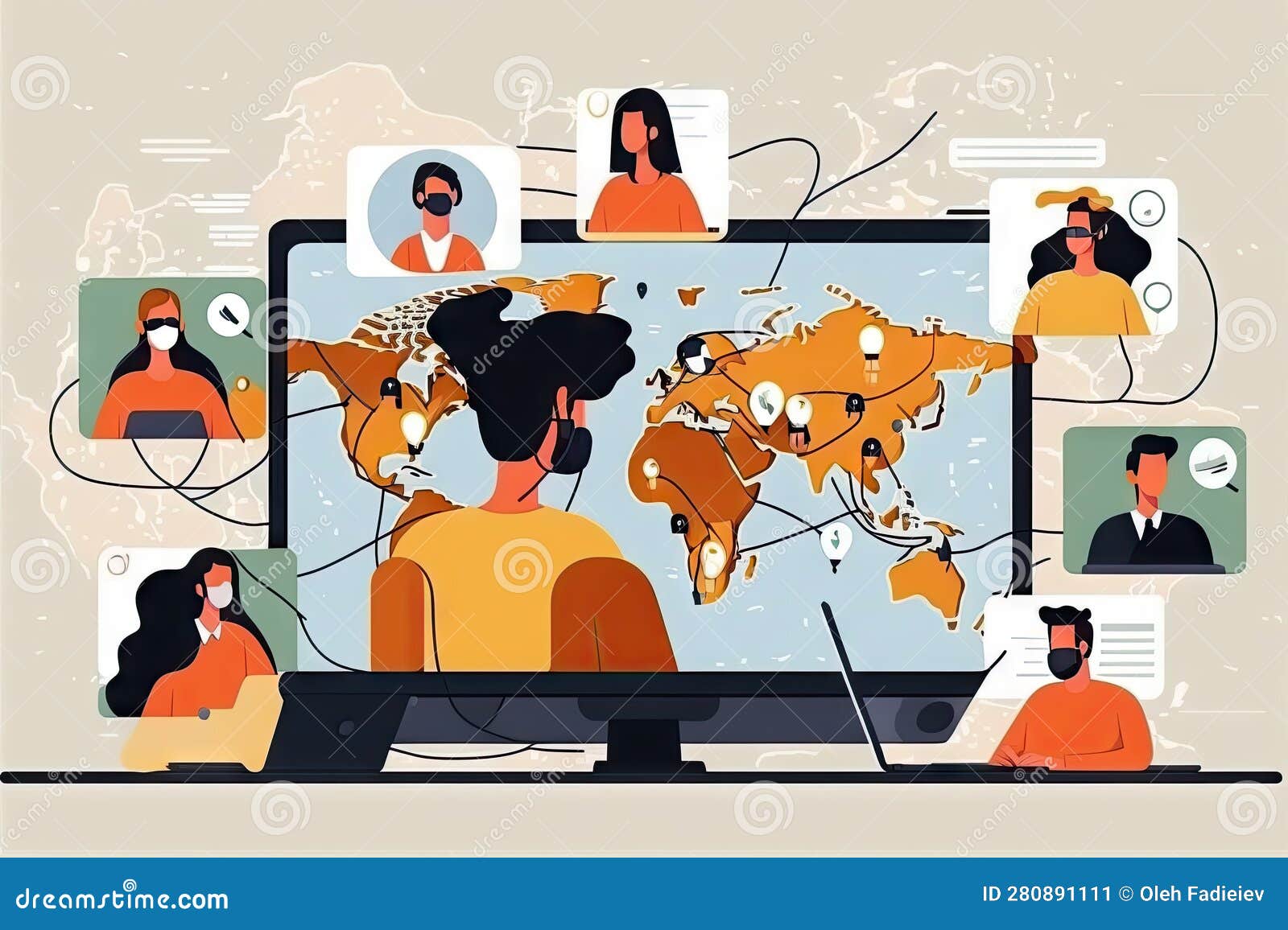 Group of People Working on a Global Network Stock Illustration ...
