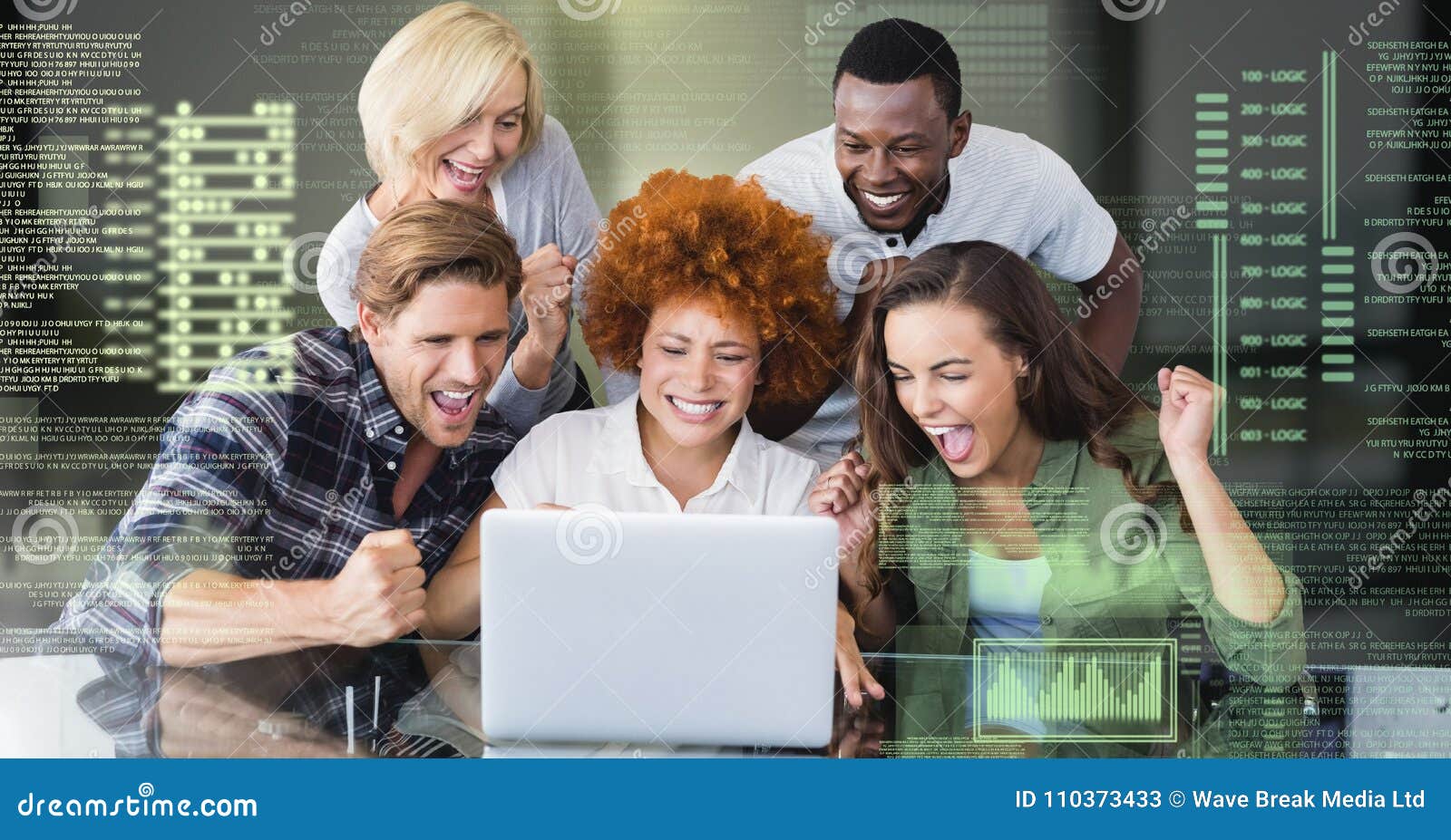 Group of People Working on Laptop with Screen Text Interface Stock ...