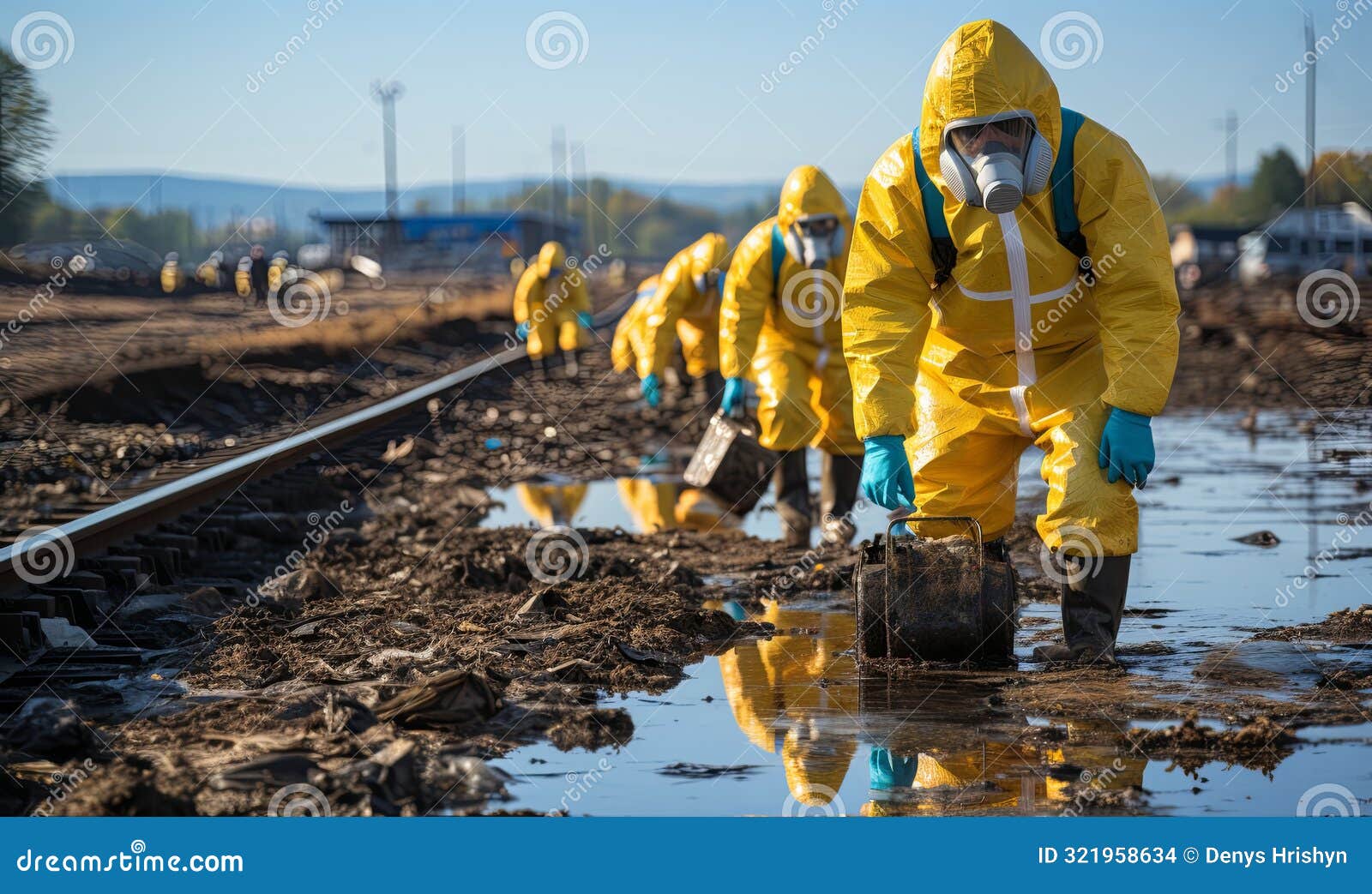 Group of People in Yellow Suits Holding Buckets Stock Photo - Image of ...