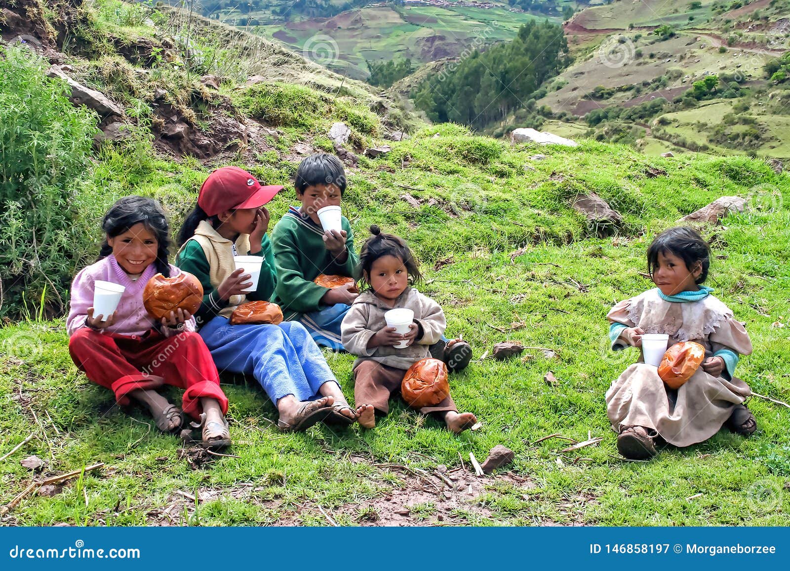 Group of Peruvian Children Sharing Christmas Breakfast Sitting in the ...