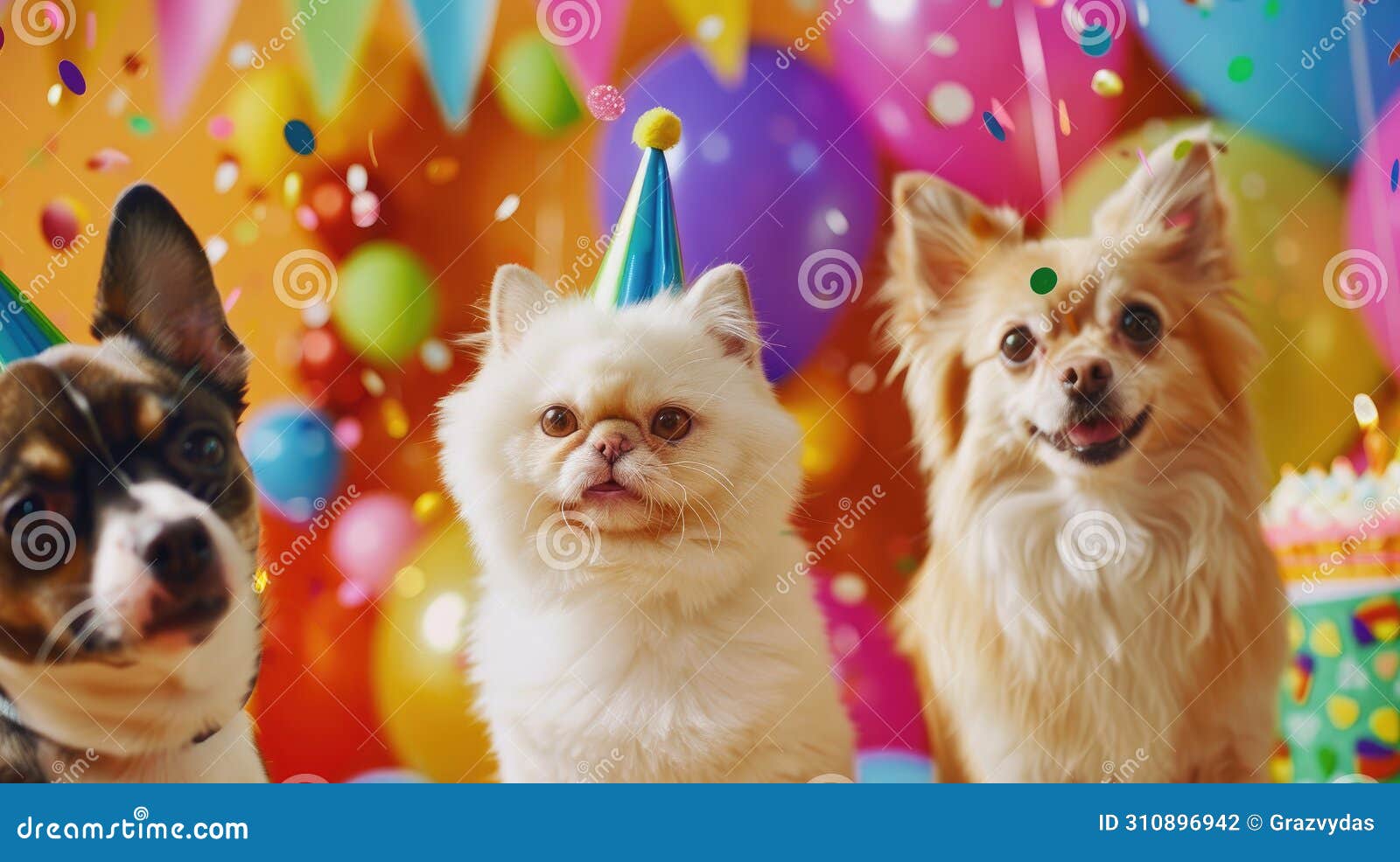 Group of Pets Celebrating a Birthday. Animals at Party Concept Stock ...