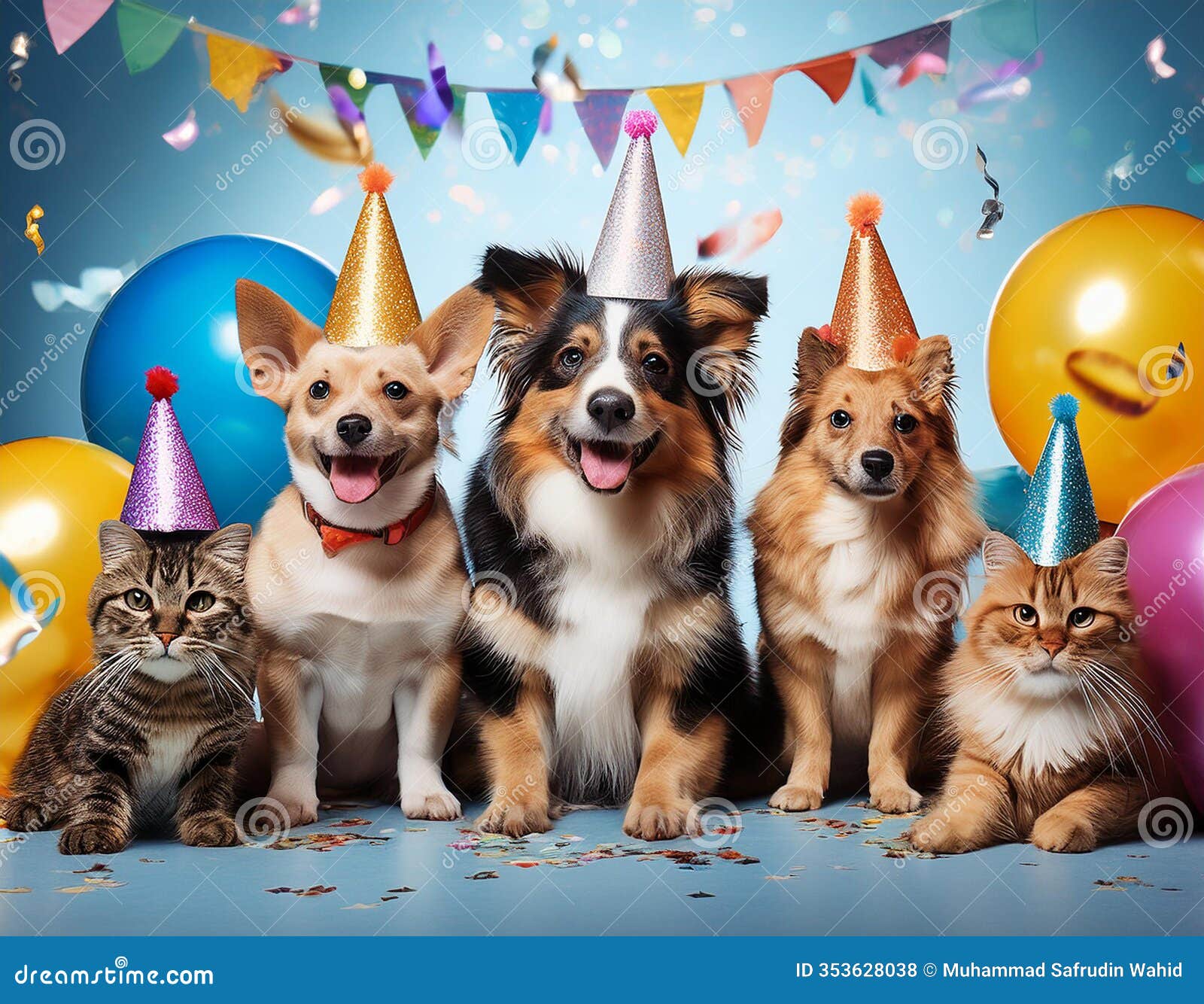 A Group of Pets Dressed in Party Hats, Surrounded by Streamers Stock ...