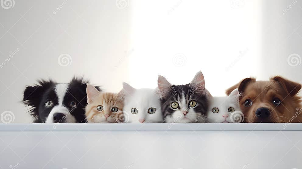 Group of Pets in a Row Looking at the Camera on White Background Stock ...