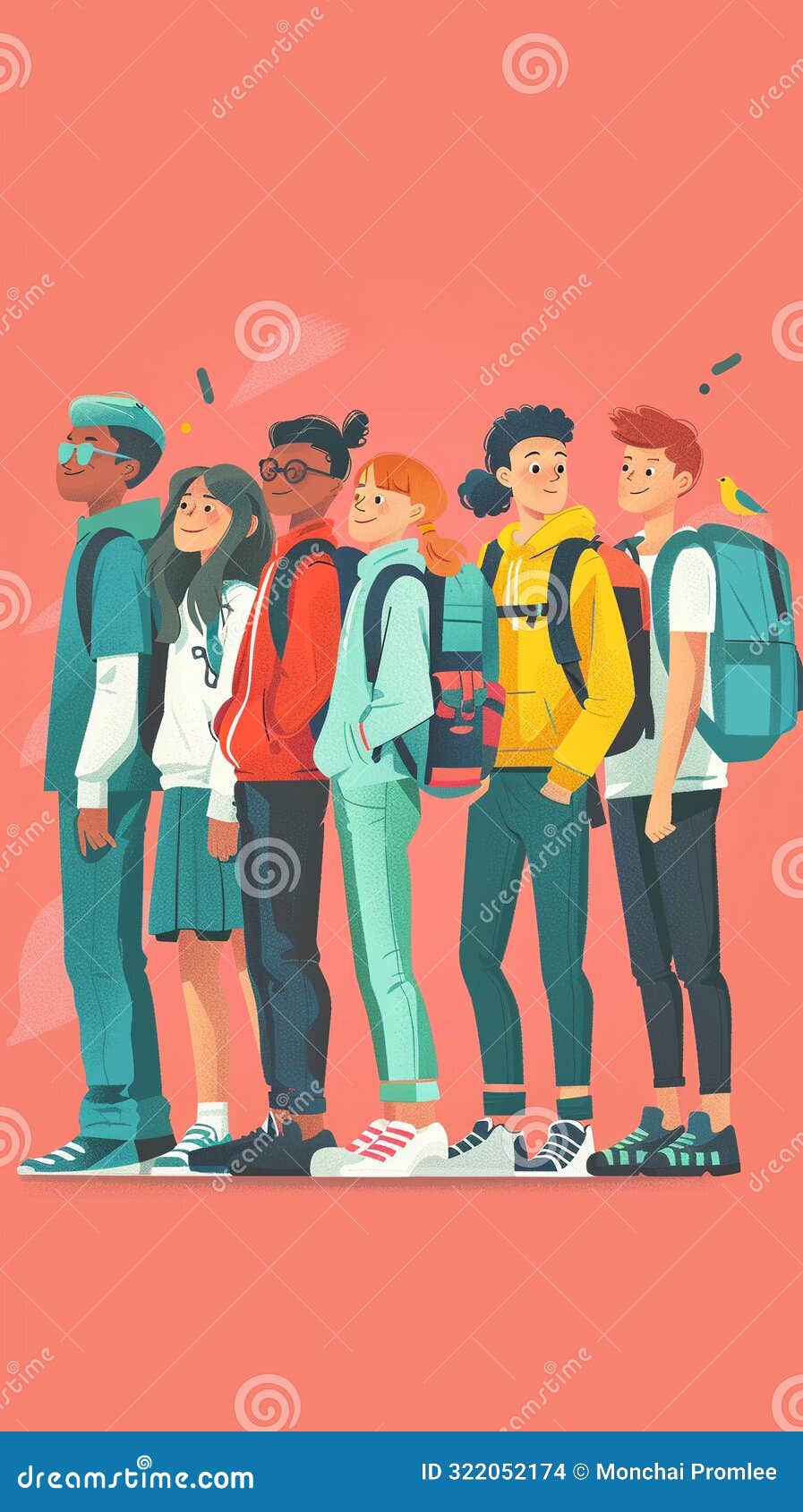 Group Photo of Classmates on the First Day of School Flat Design Side ...