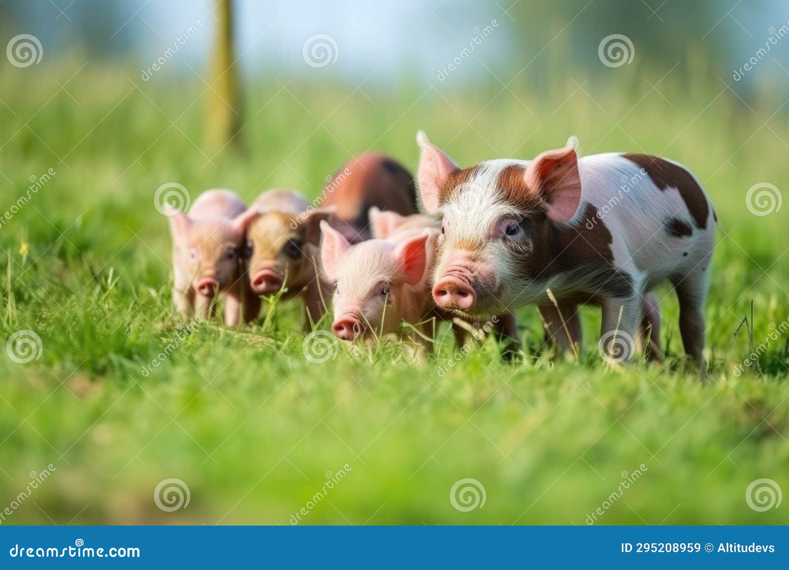 Group of Piglets Feeding from Their Mother on a Green Field Stock Image ...