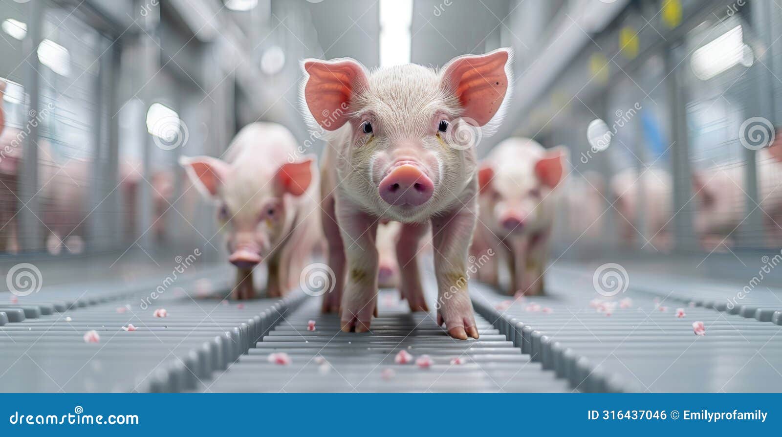 Group of Pigs Standing on a Conveyor Belt Stock Photo - Image of ...