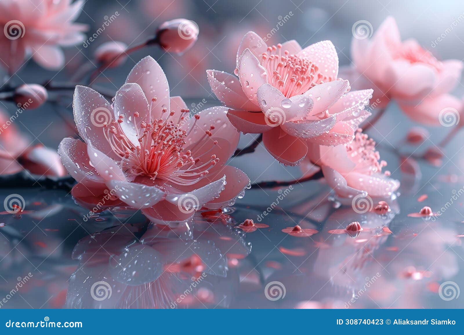 A Group of Pink Flowers on a Reflective Surface Stock Illustration ...