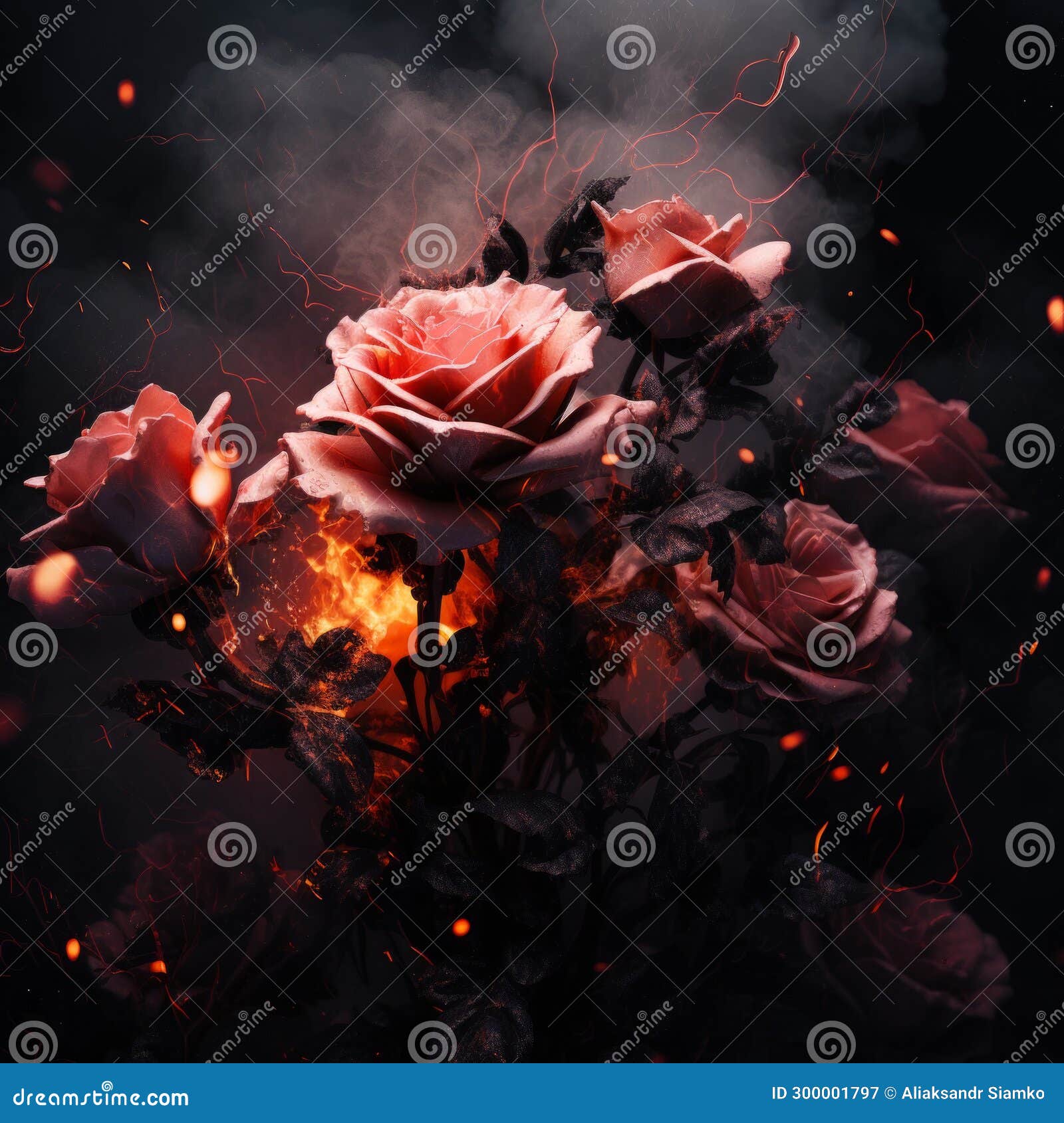 A Group of Pink Roses with Smoke and Flames Stock Image - Image of ...