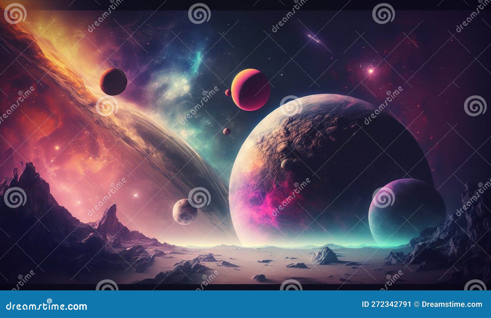 A Group of Planets in the Sky with Mountains and Rocks Stock ...