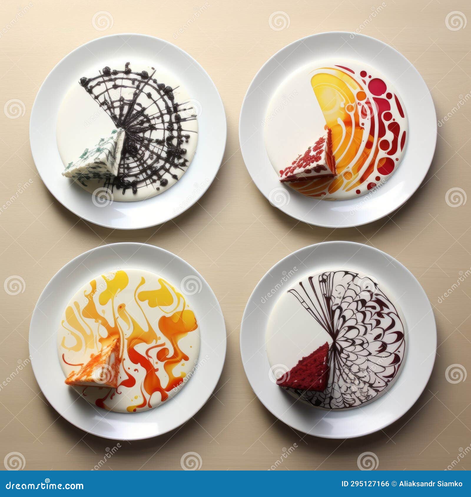 A Group of Plates with Different Colored Cakes Stock Photo - Image of ...