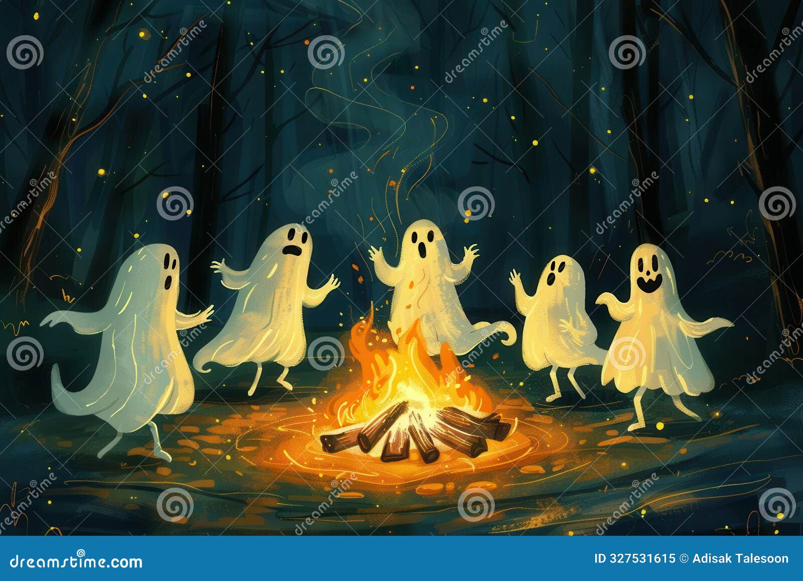 A Group of Playful Ghosts Dancing Around a Bonfire Stock Illustration ...