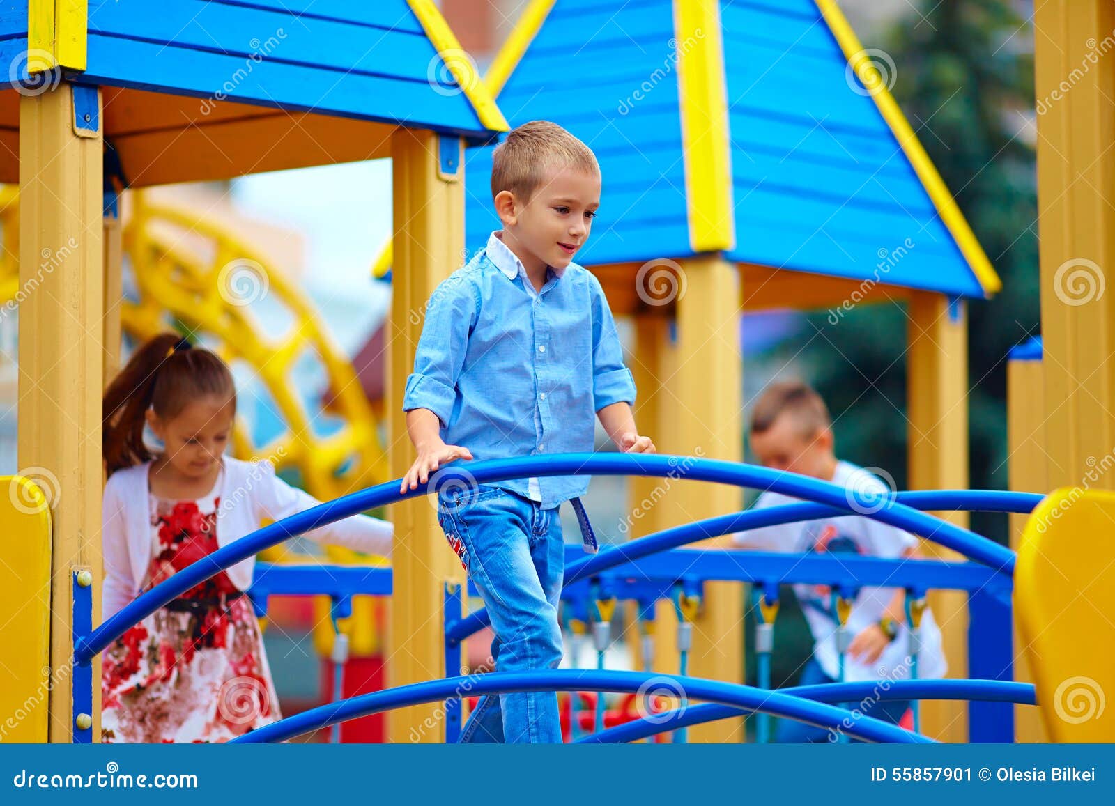 Group of Playful Kids Having Fun on Toy Castle, on Playground Stock ...