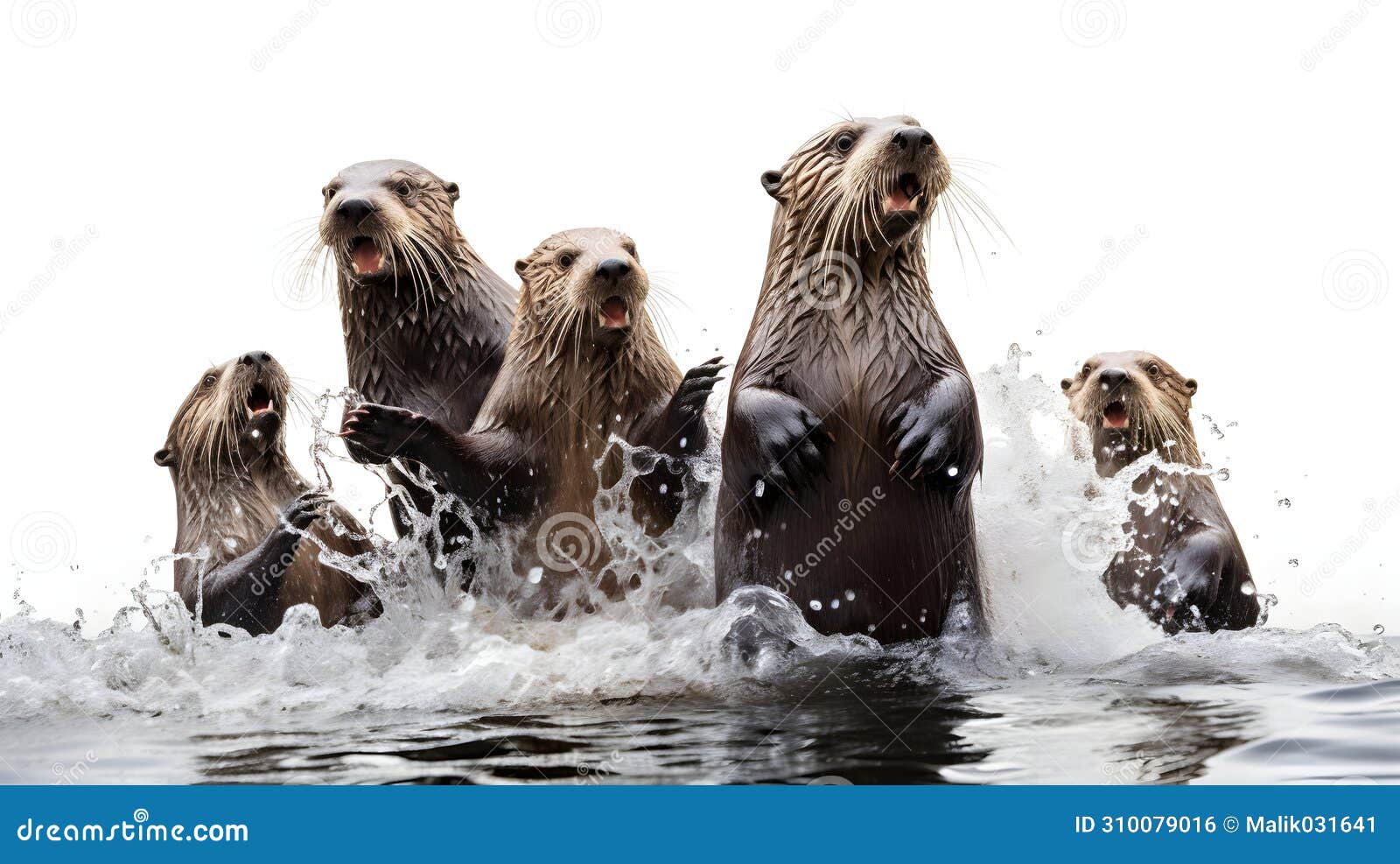 Two River Otters Swim In The Water Between Long Green Algae. Eurasian ...