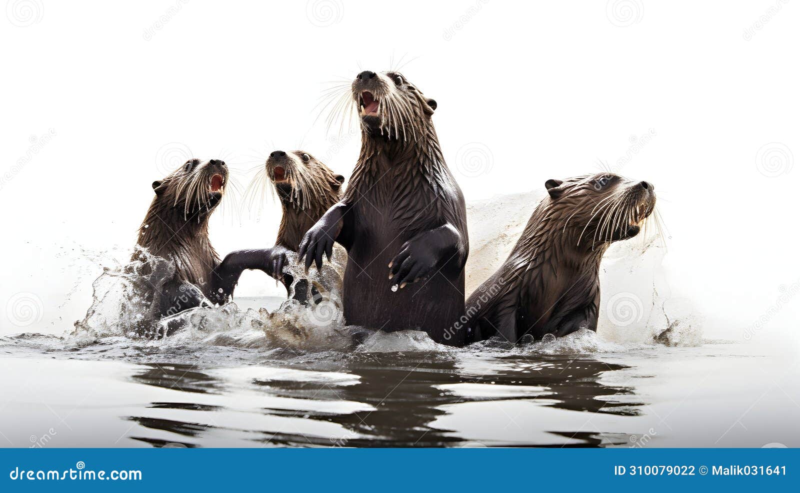 Two River Otters Swim In The Water Between Long Green Algae. Eurasian ...