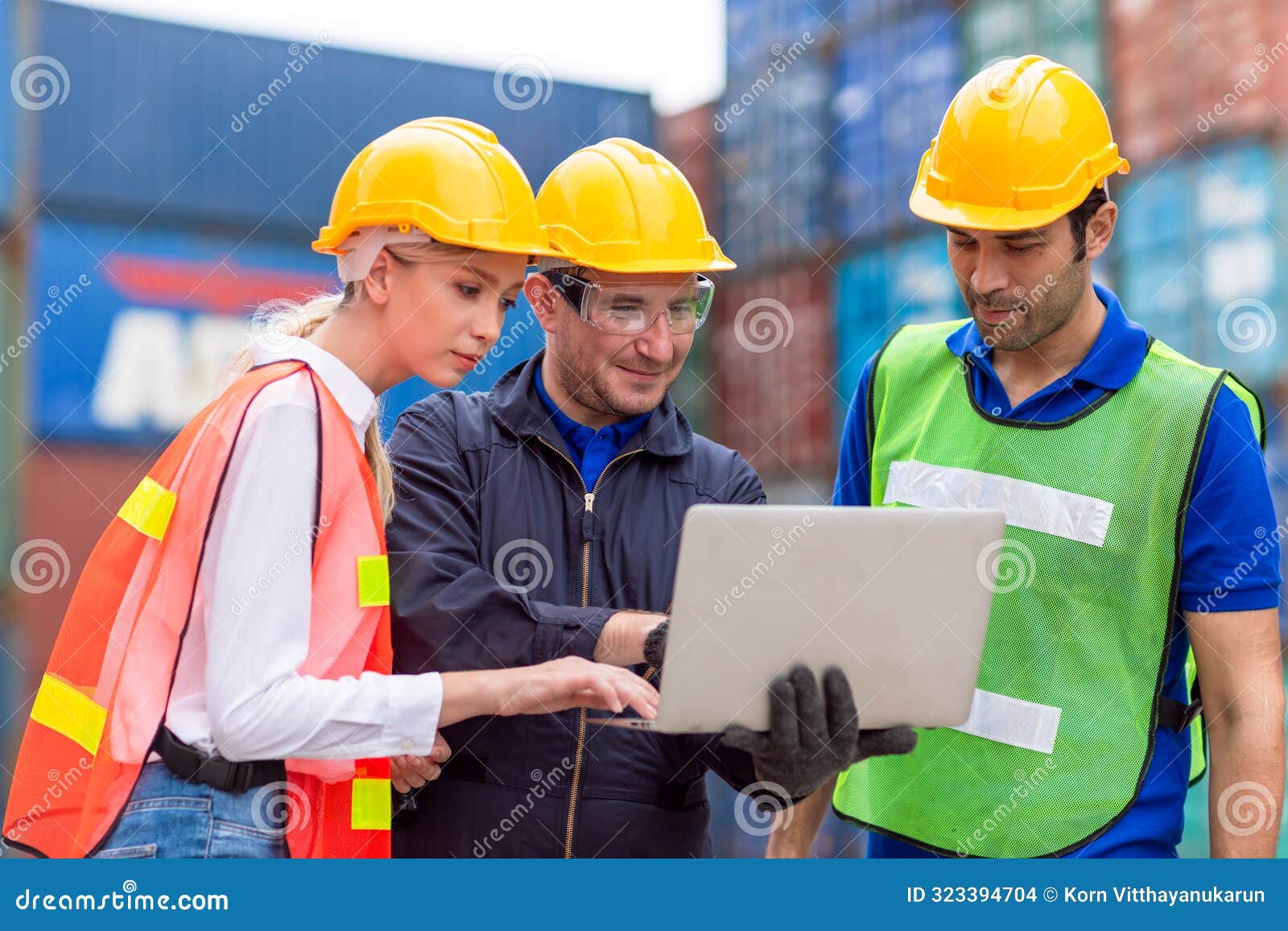 Group of Port Container Ship Yard Colleague Workers Working Together ...