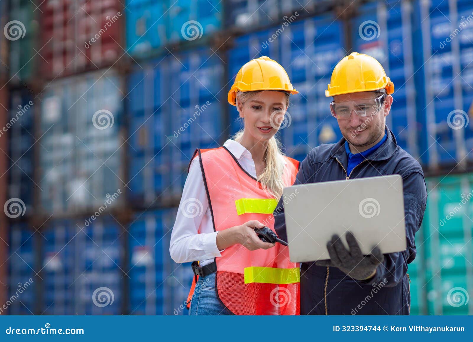 Group of Port Container Ship Yard Colleague Workers Working Together Join Teamwork Control ...