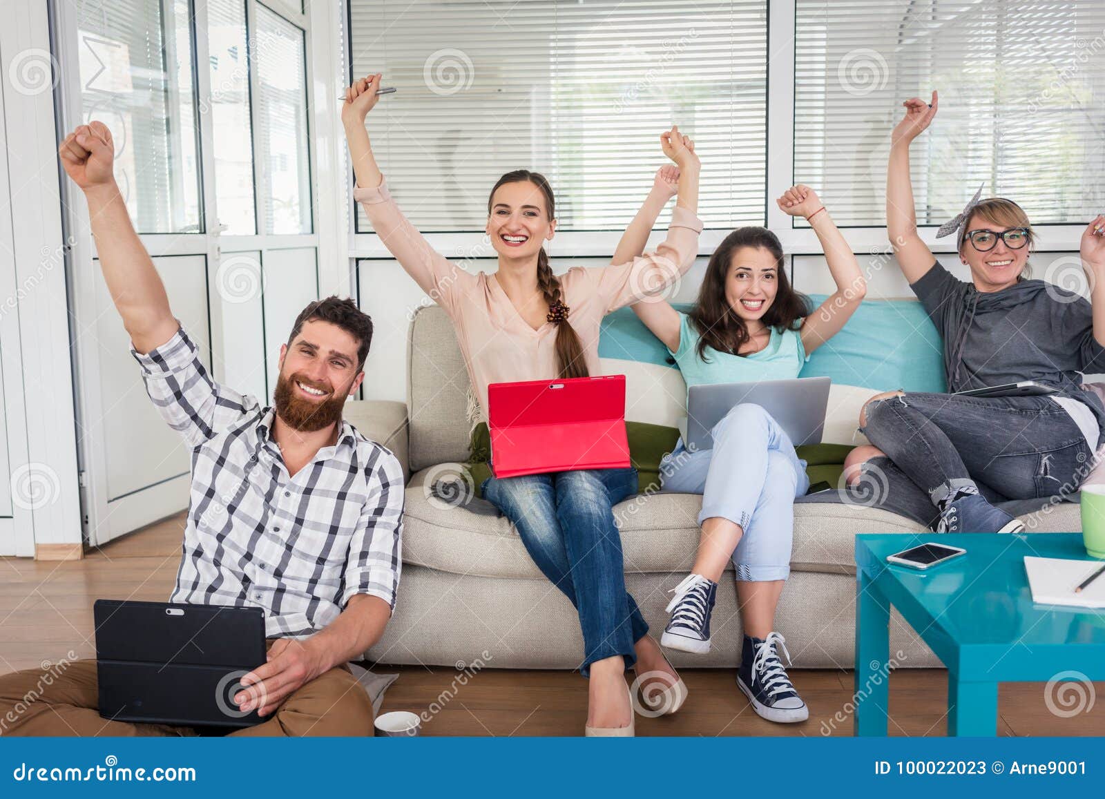 Successful Remote Workers Looking at Camera Sharing a Modern Co- Stock ...