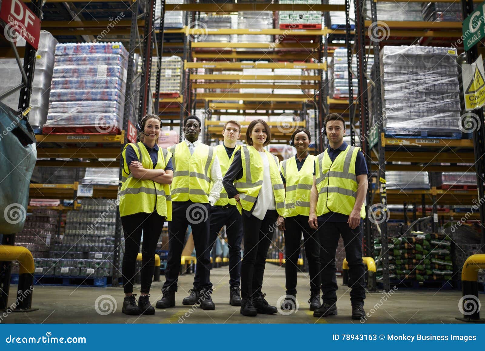 Group Portrait of Staff at Distribution Warehouse, Low Angle Stock ...