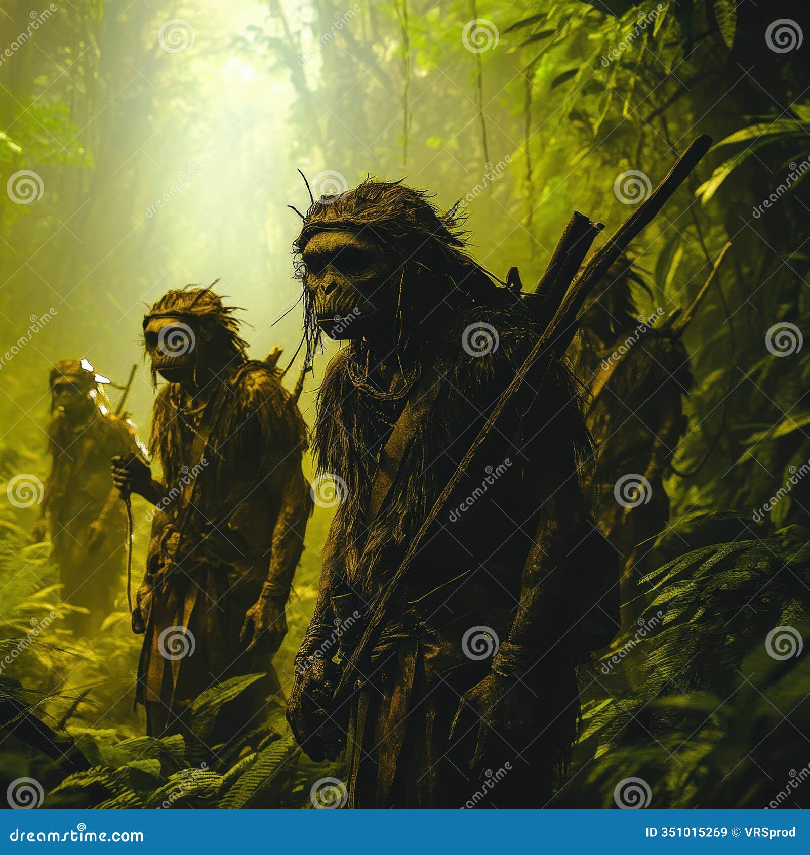 Primal Explorers in Dense Jungle Light Stock Image - Image of attire ...