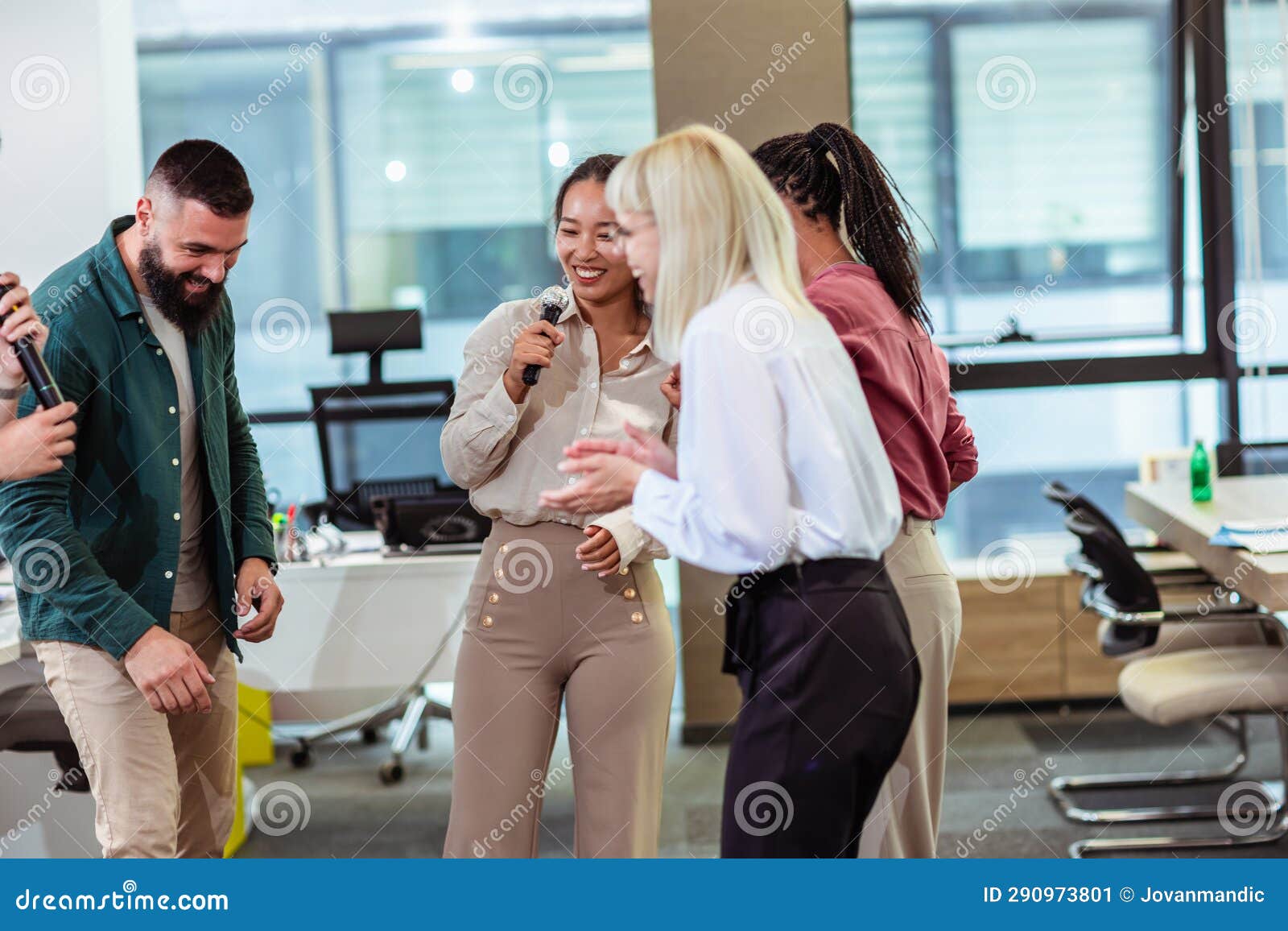 Professional People Singing Karaoke in the Modern Office Stock Image ...
