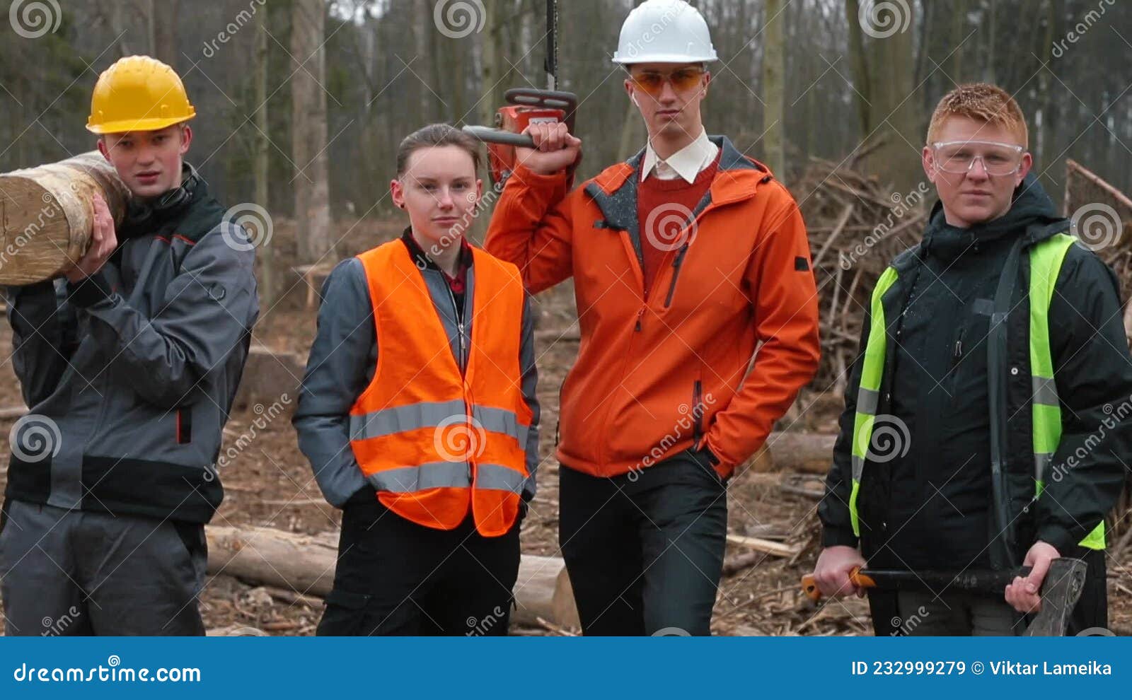 A Group Professional Workers in the Forest. they Re Doing Logging ...