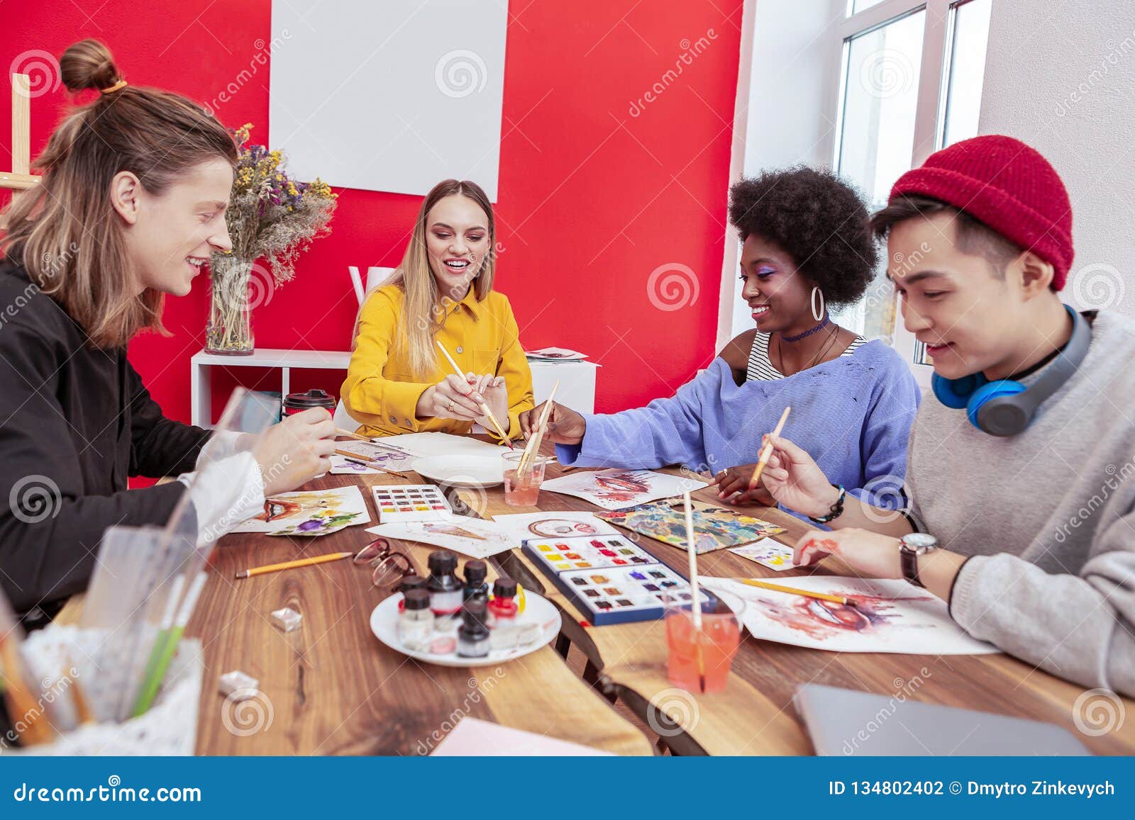 Four Art Students Feeling Involved in Working on Group Project Stock ...