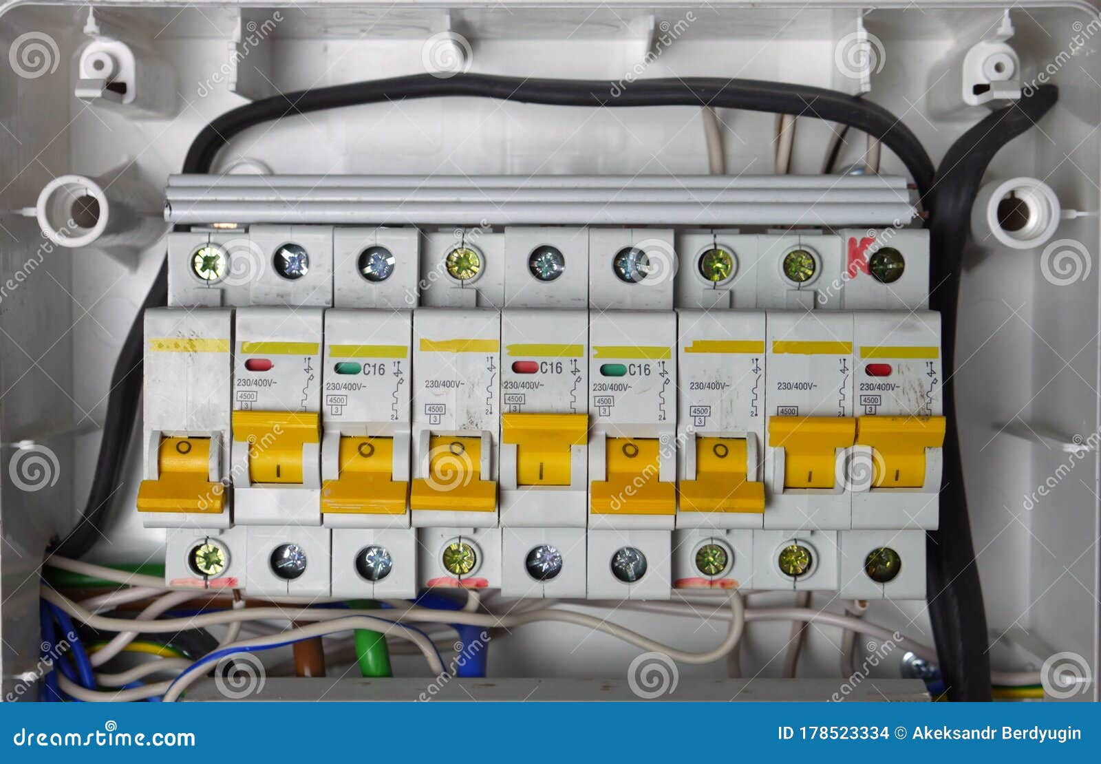 Group of Protective Automatic Switches, Close Up. Electrical Background ...