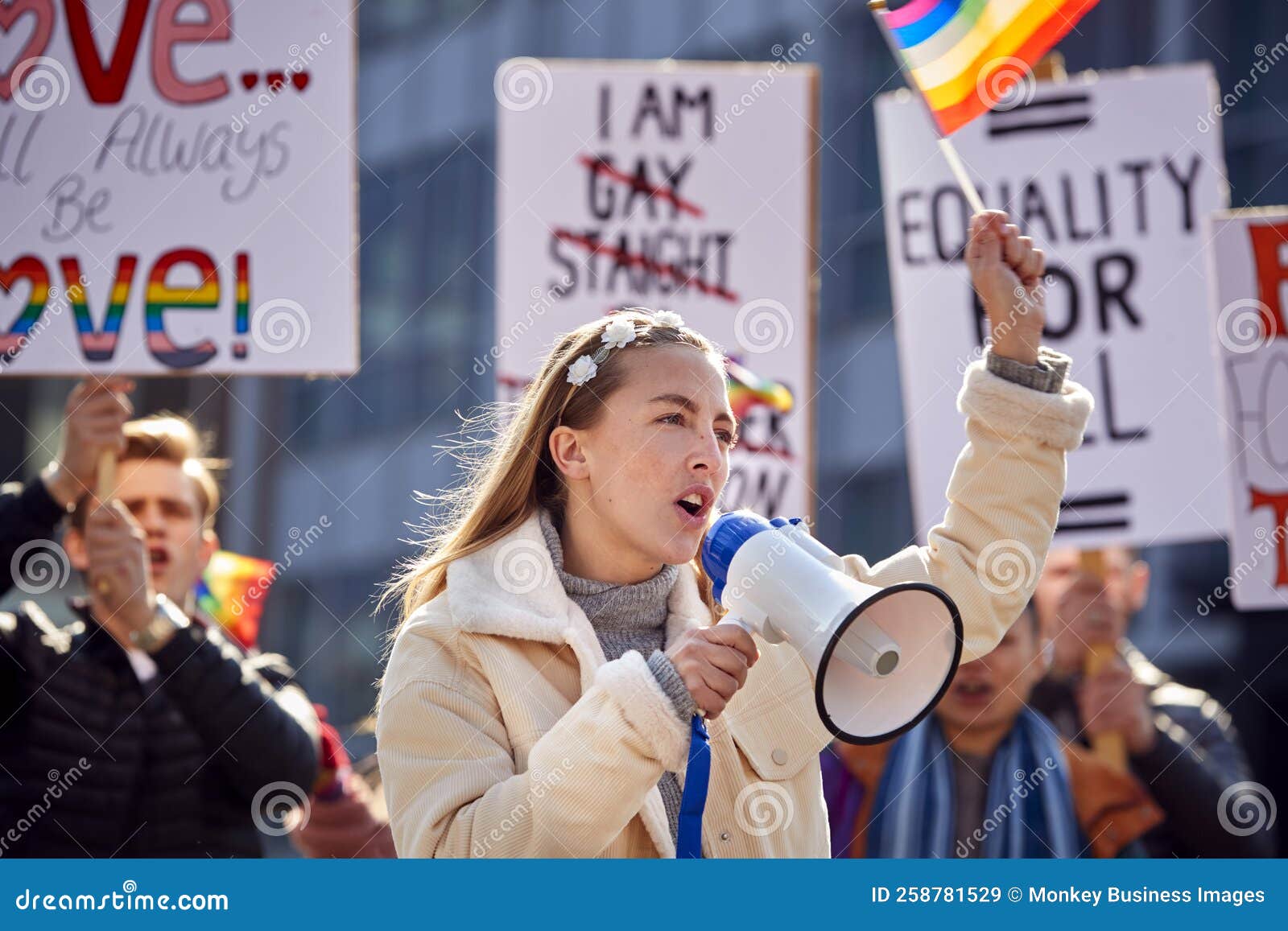 Group of Protestors with Placards and Megaphone on Demonstration March ...