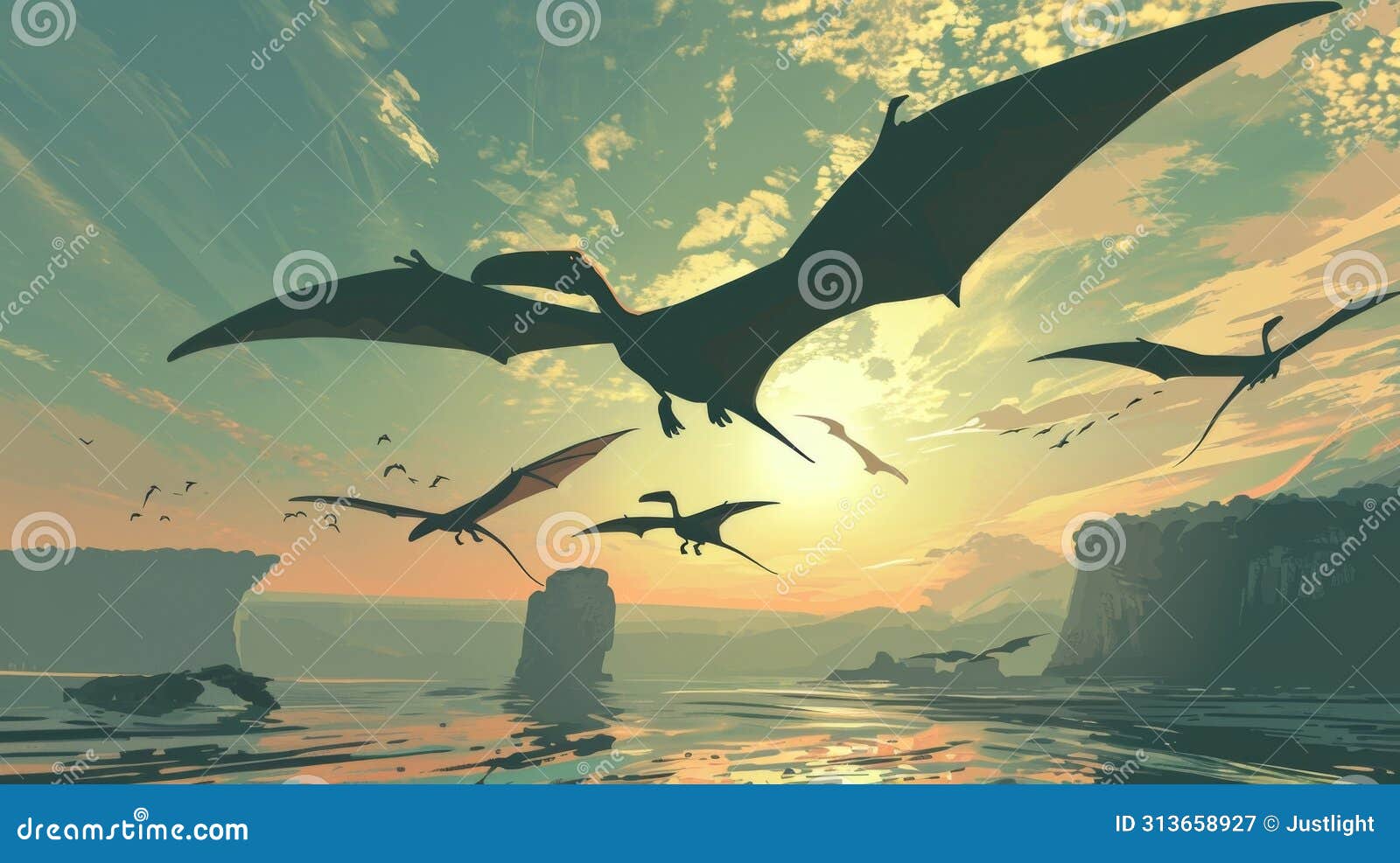 A Group of Pterodactyls Soar Overhead Their Impressive Wingspan Casting ...
