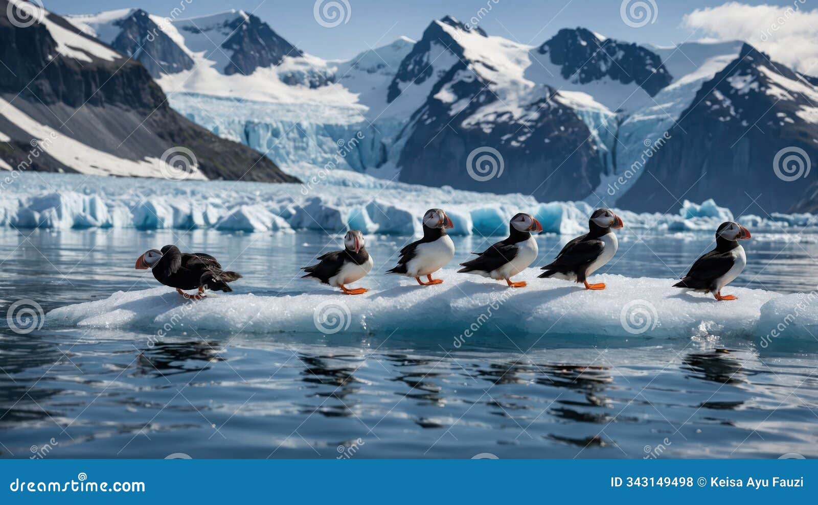 A Group of Puffins Standing on an Ice Floe with Mountains and Glaciers ...
