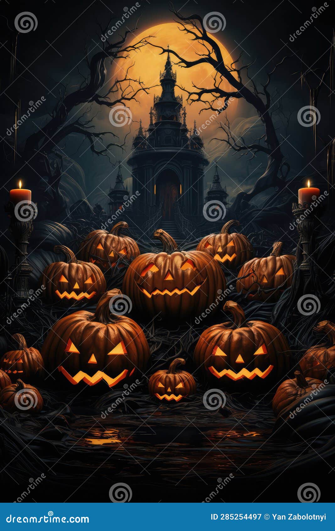 A Group of Pumpkins Sitting in Front of a Castle Stock Illustration ...