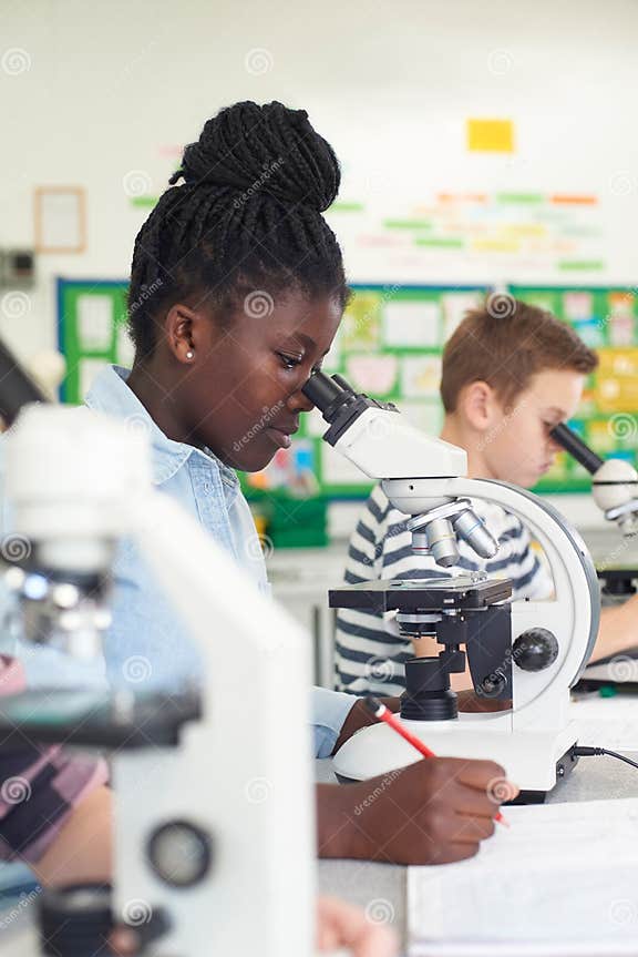 Group of Pupils Using Microscopes in Science Class Stock Image - Image ...