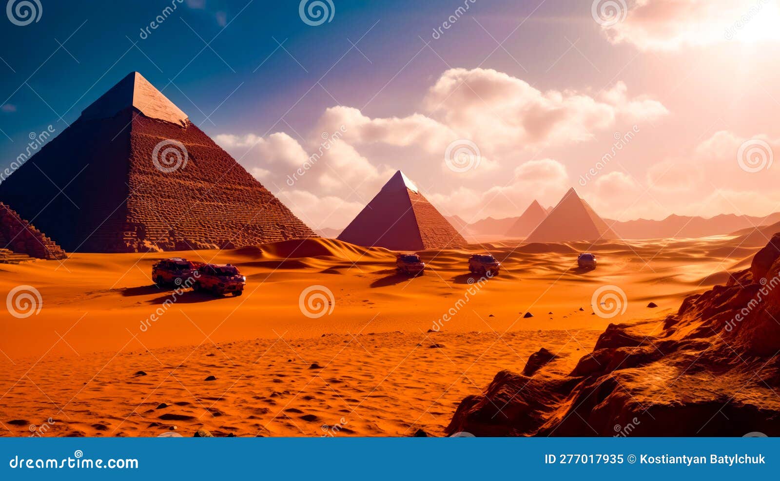 Group of Pyramids in the Desert with Car in the Foreground. Generative ...