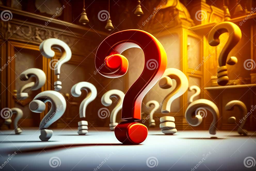 Group of Question Marks in Room with Chandeliers Hanging from the ...