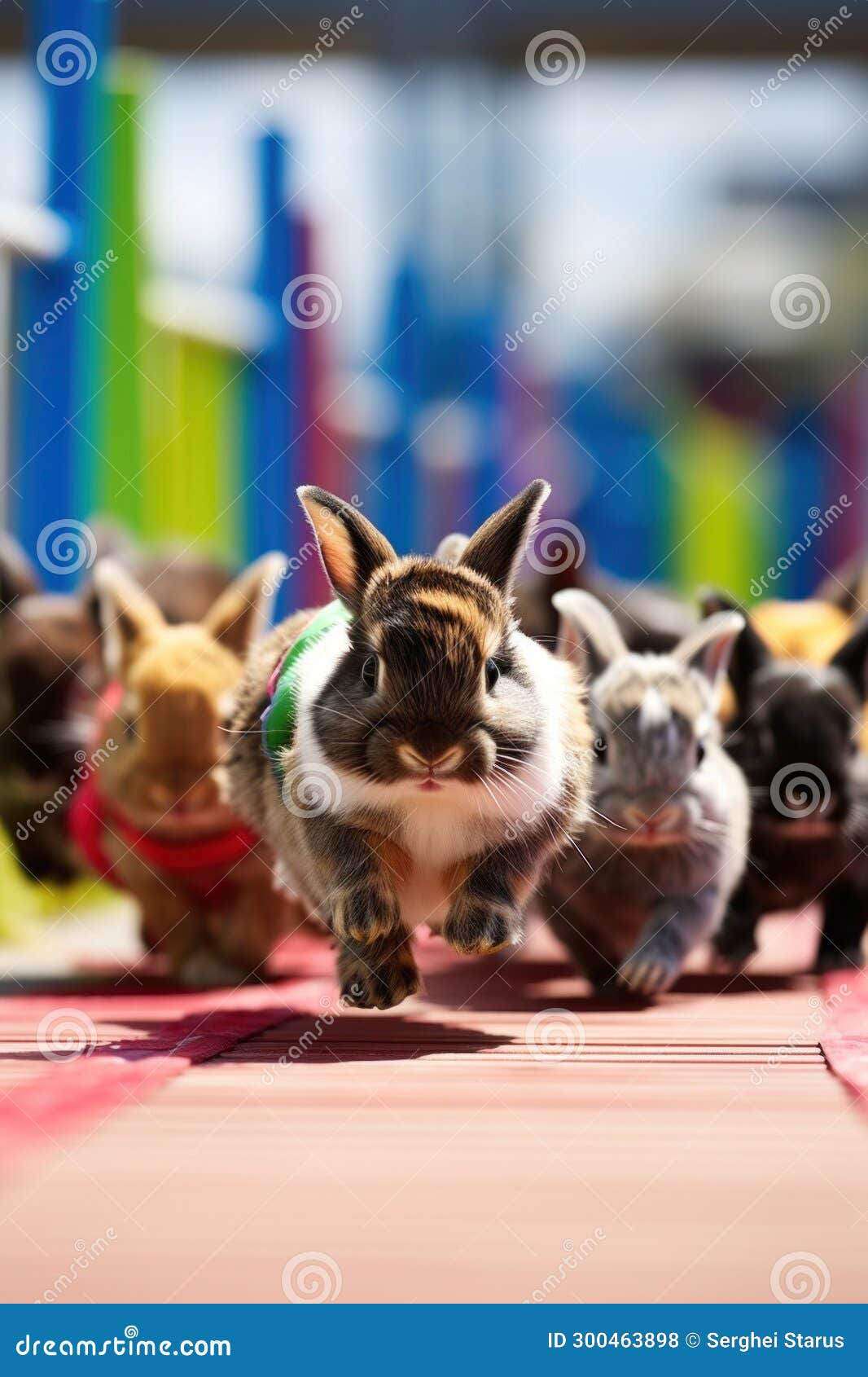 A Group of Rabbits Running Together on a Path with Colorful Stripes, AI ...