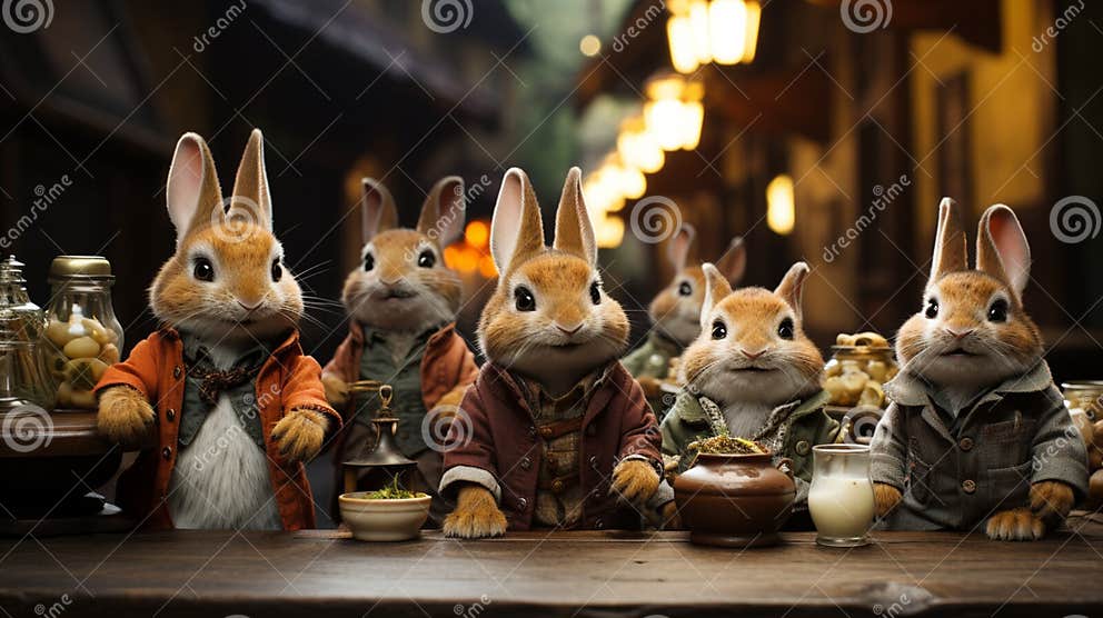 A Group of Rabbits Sit at a Table with a Turkey on it Stock ...