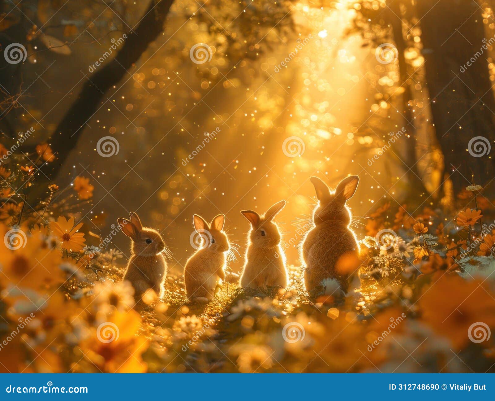 Group of Rabbits Sitting in Field of Flowers Stock Photo - Image of ...