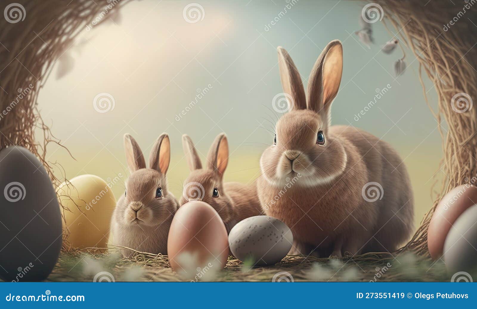 A Group of Rabbits Sitting Next To Each Other in Front of a Nest with ...