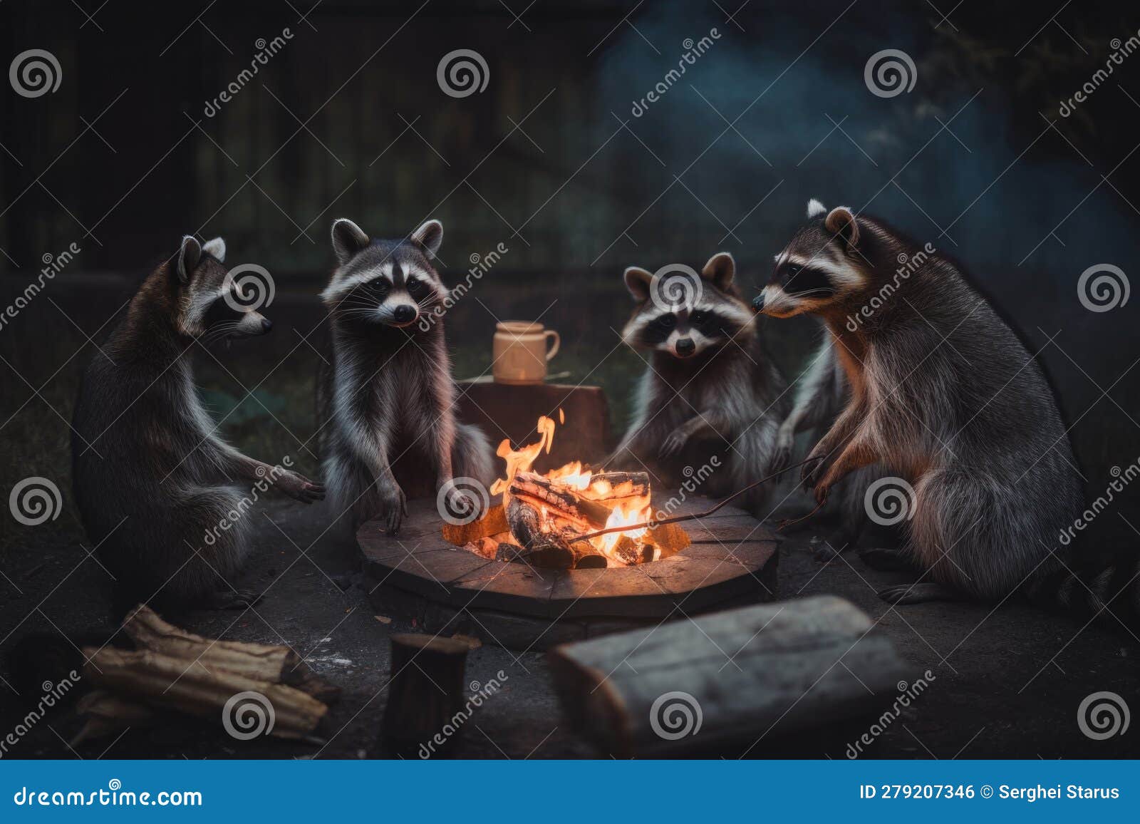 A Group Of Raccons Sitting Around A Campfire. Generative AI Image ...